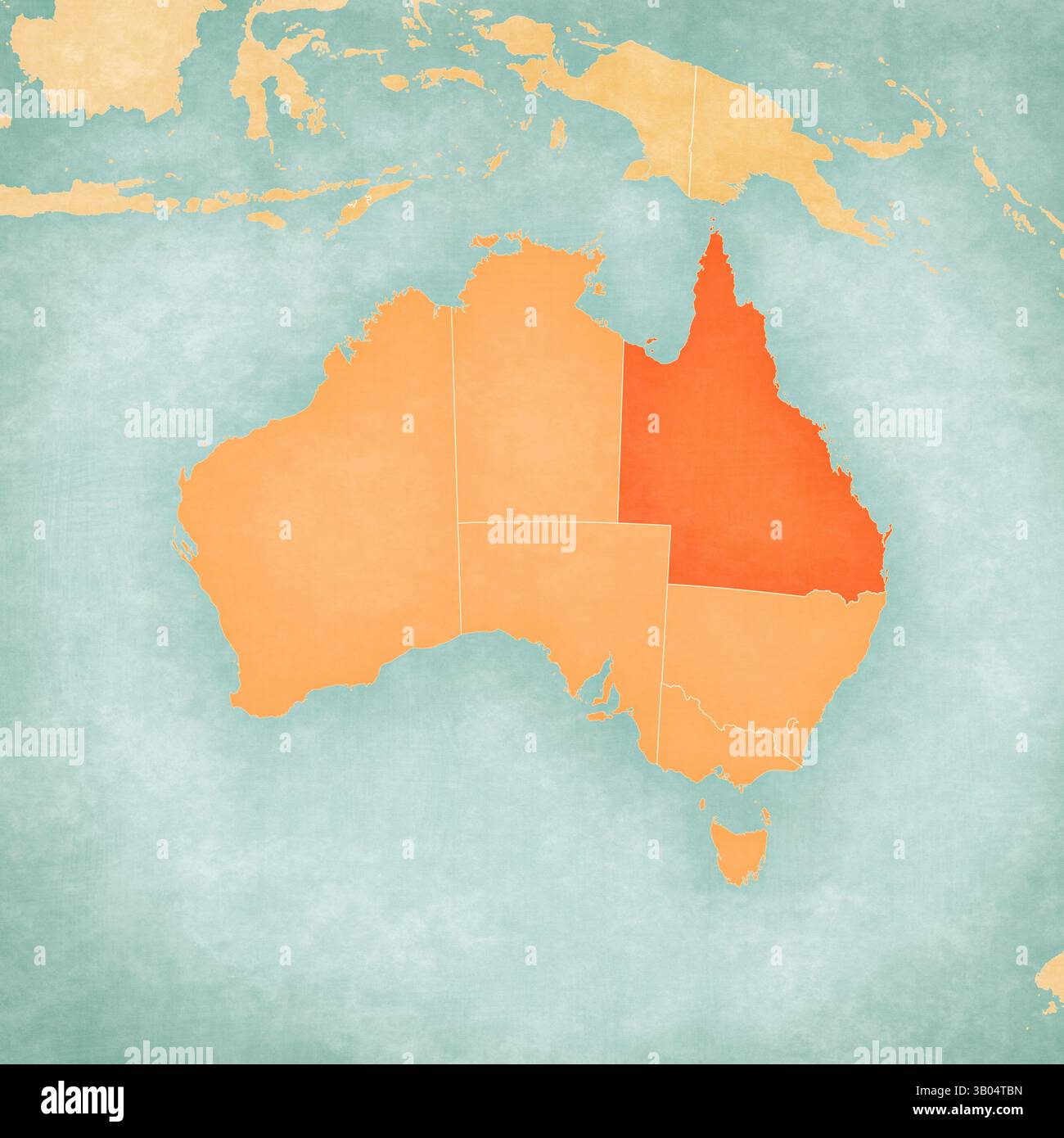 Queensland on the map of Australia in soft grunge and vintage style ...