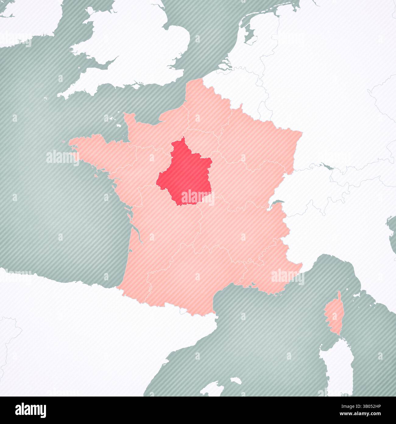 Centre-Val de Loire on the map of France with softly striped vintage ...