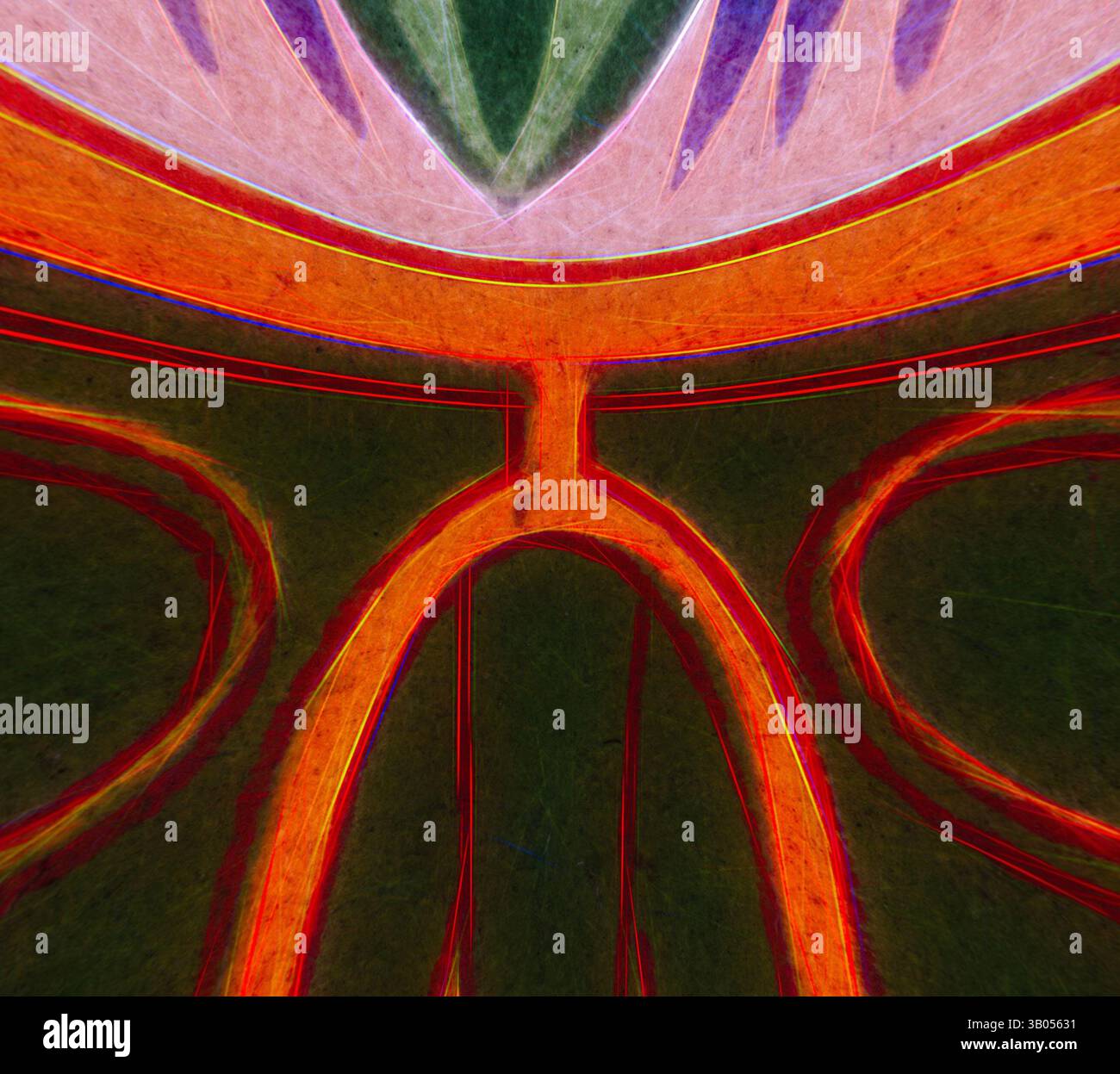 A vibrant abstract composition featuring intertwining shapes and bold ...