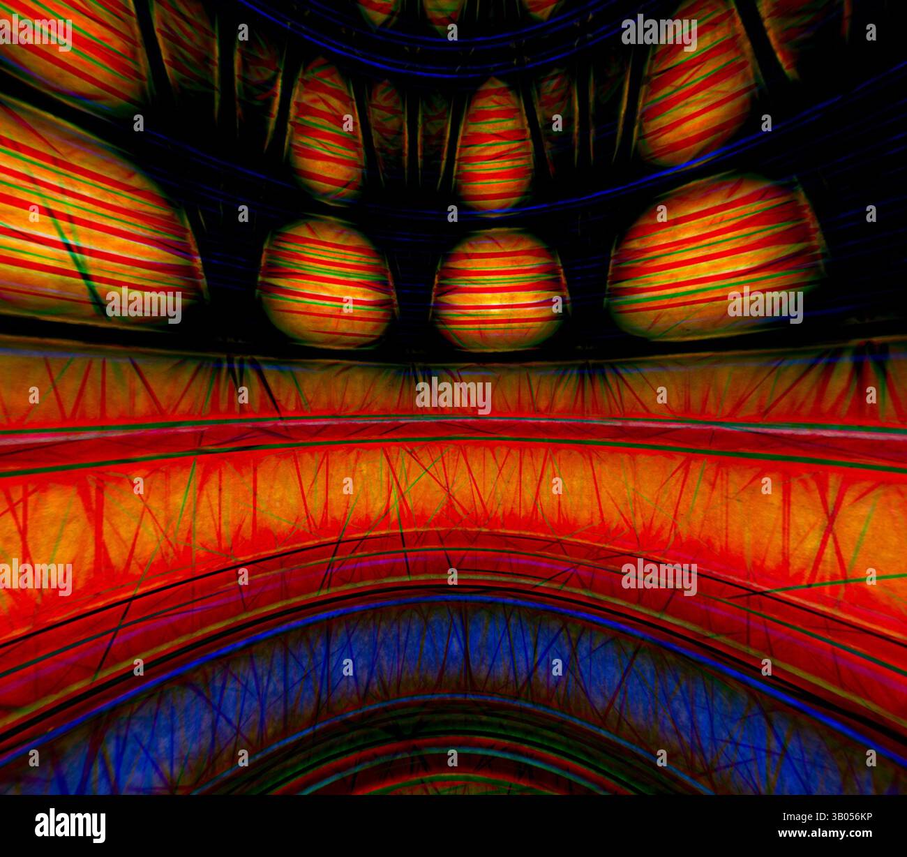 A vibrant display of intricate lines and shapes creates an abstract ...