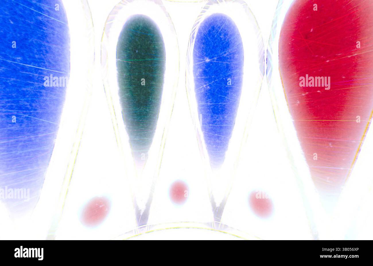 A vibrant abstract composition featuring elongated droplets in shades ...