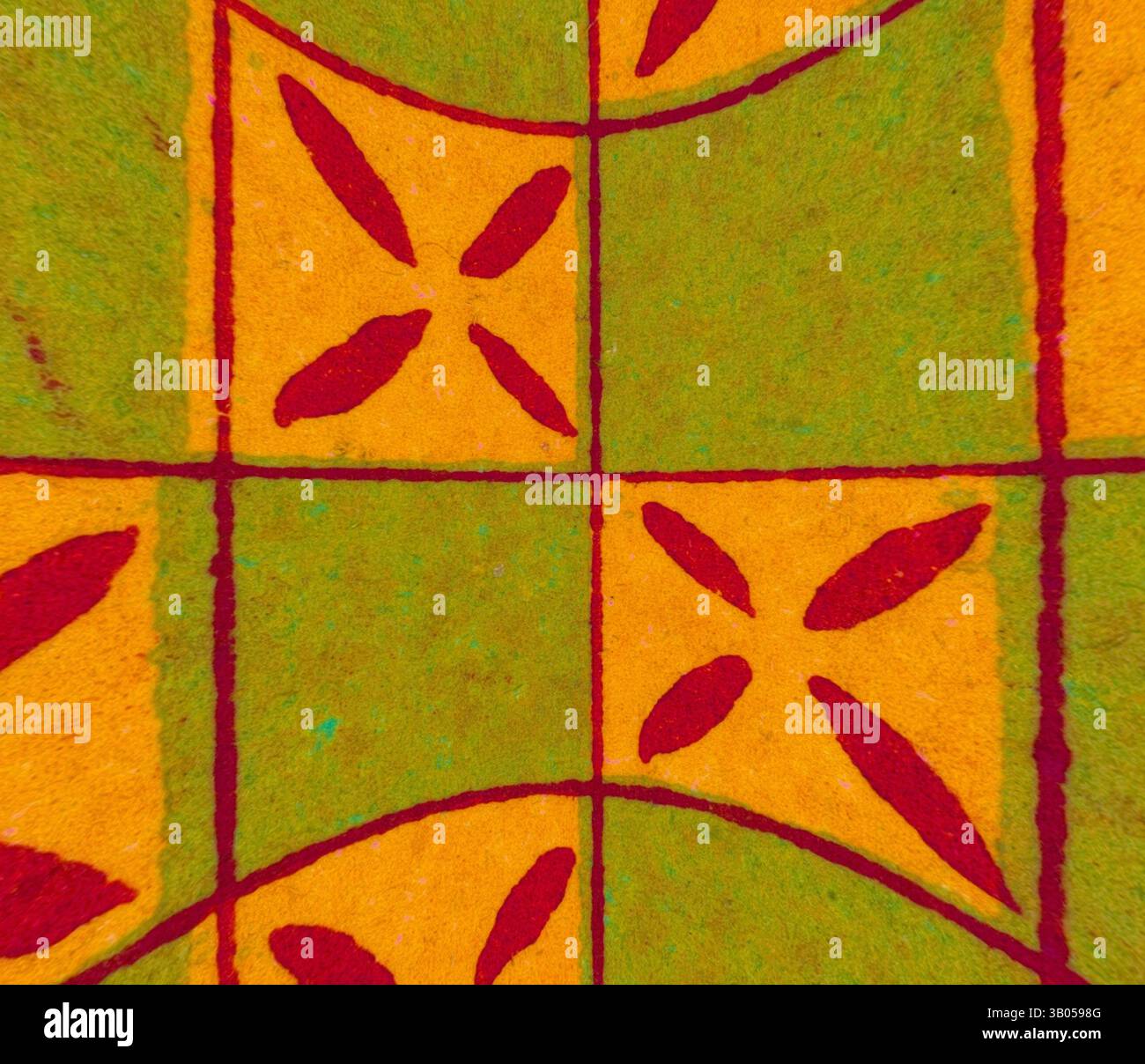 A vibrant pattern featuring bold shapes in yellow, green, and red ...