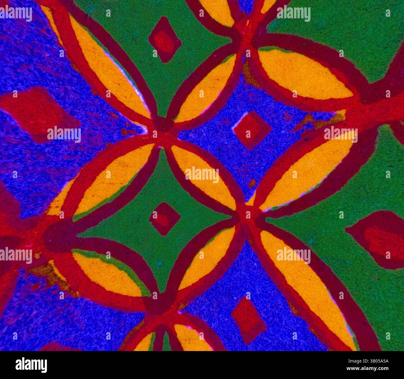 A vibrant pattern featuring intertwining shapes in bold colors ...