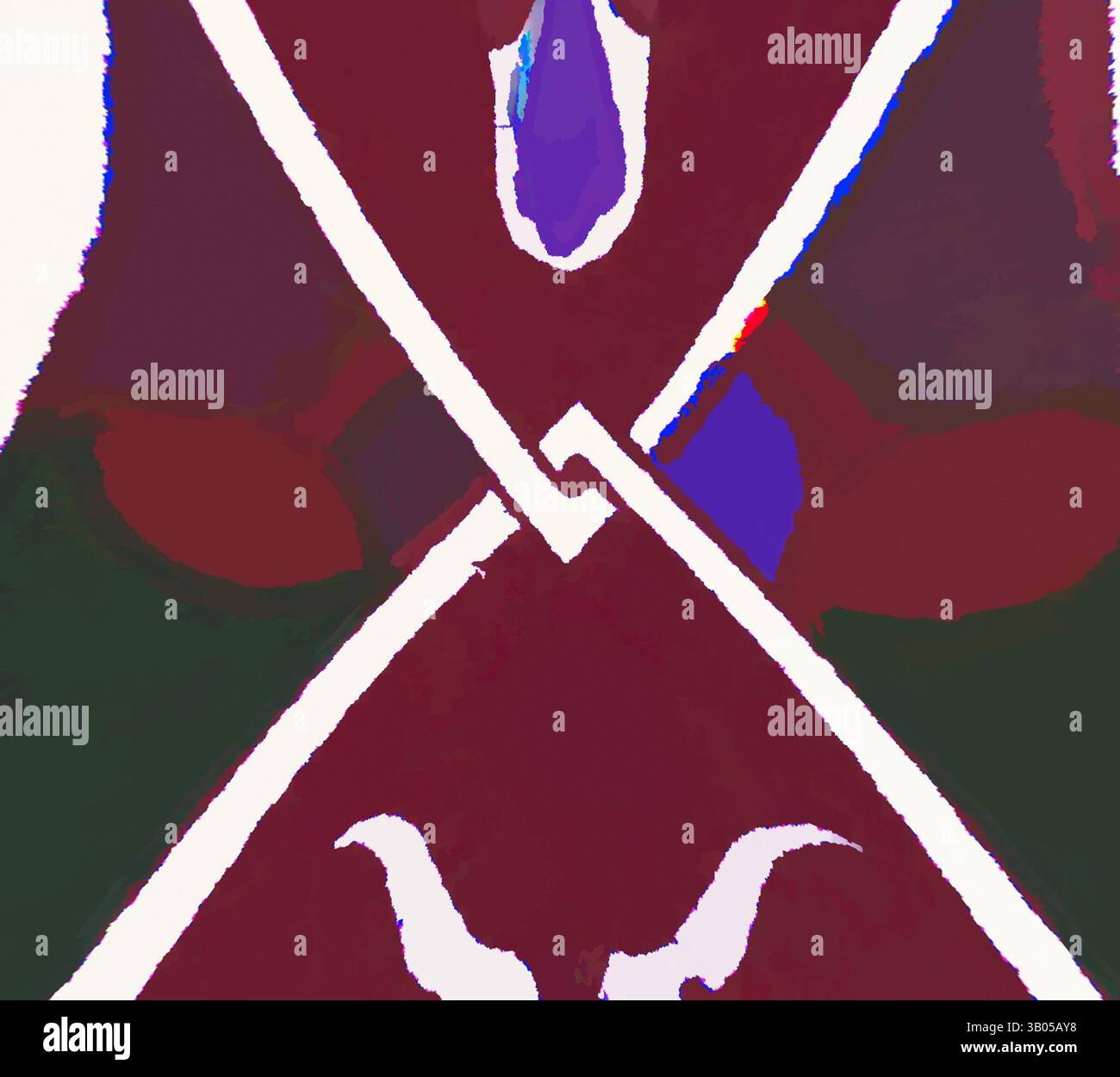 An abstract composition featuring bold, intersecting shapes in rich hues of maroon and green ...