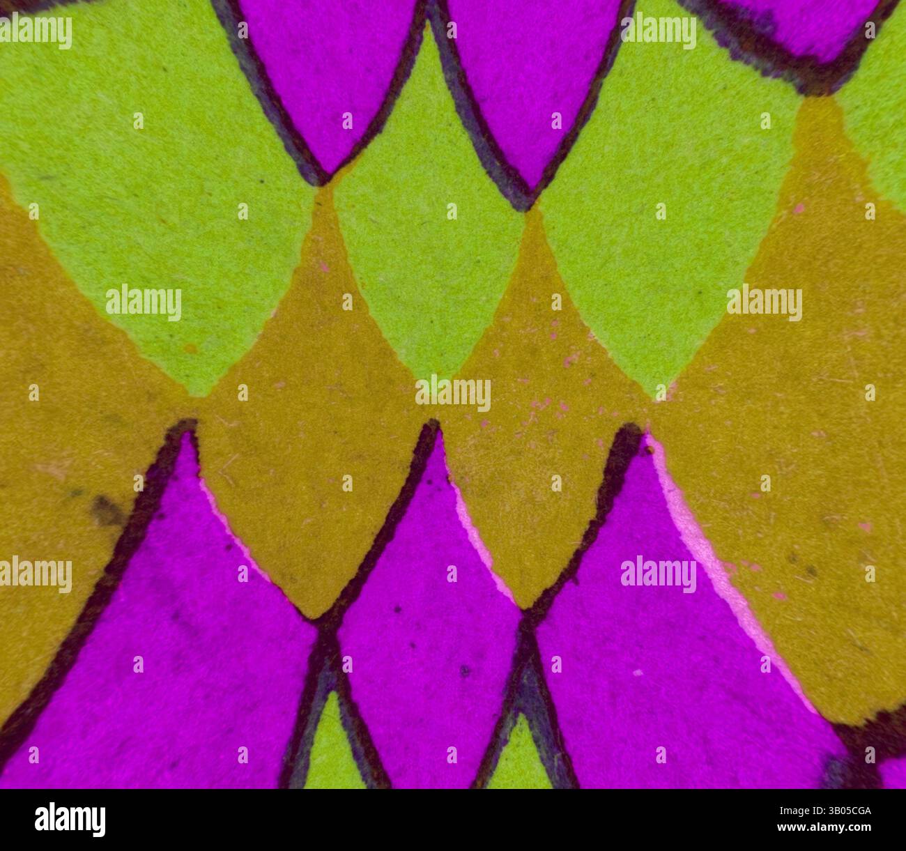 A vibrant pattern of overlapping shapes in shades of pink, green, and ...