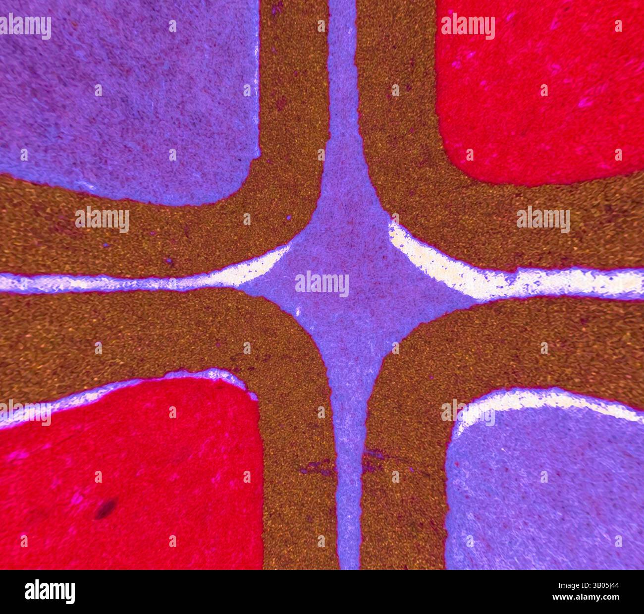 A vibrant abstract design featuring intersecting shapes in red, purple ...