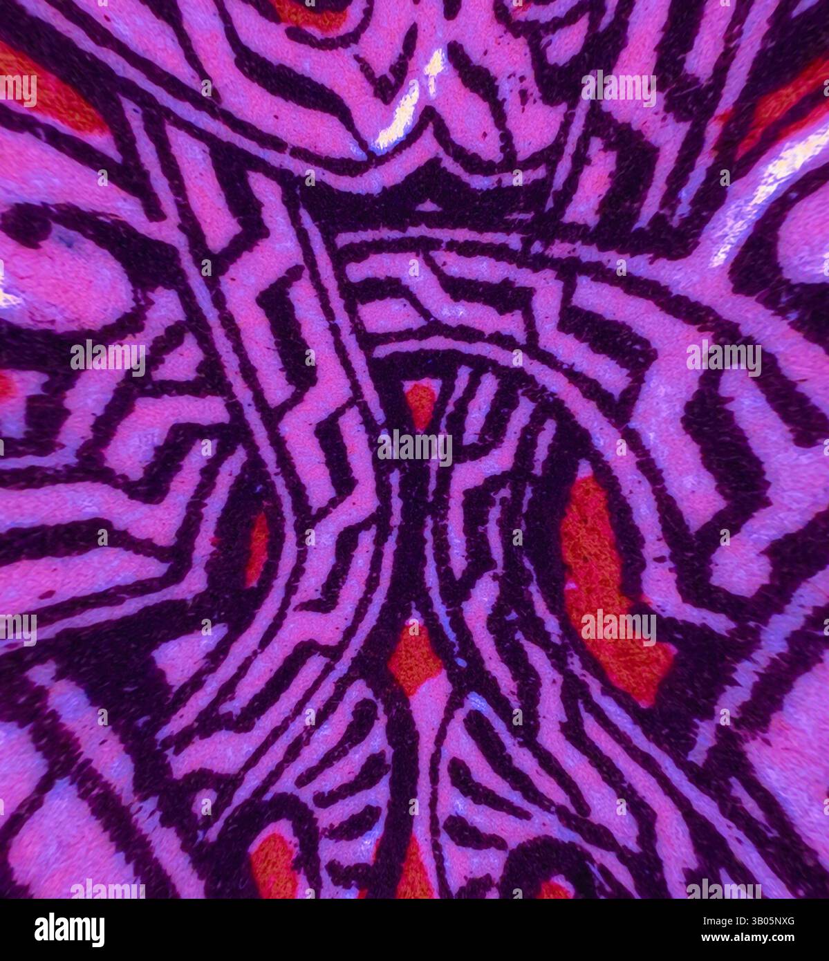 A vivid abstract design featuring swirling patterns in bold black lines ...