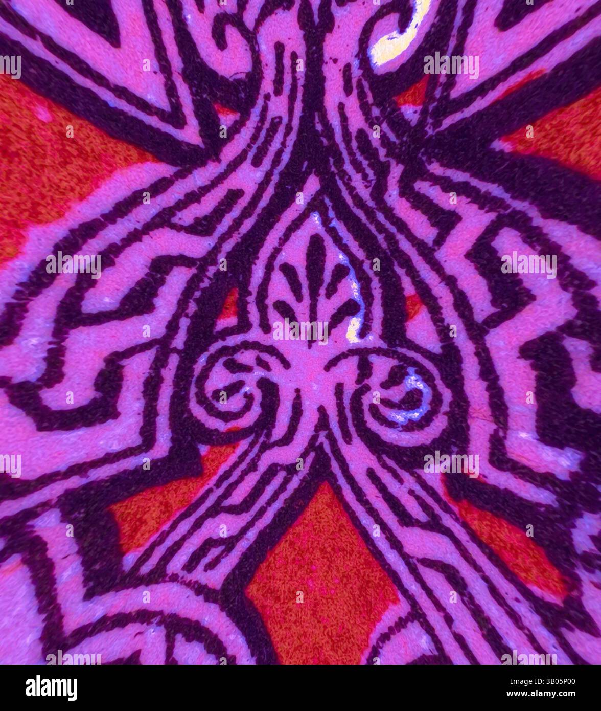 A vibrant, intricate pattern featuring swirling motifs and bold lines ...