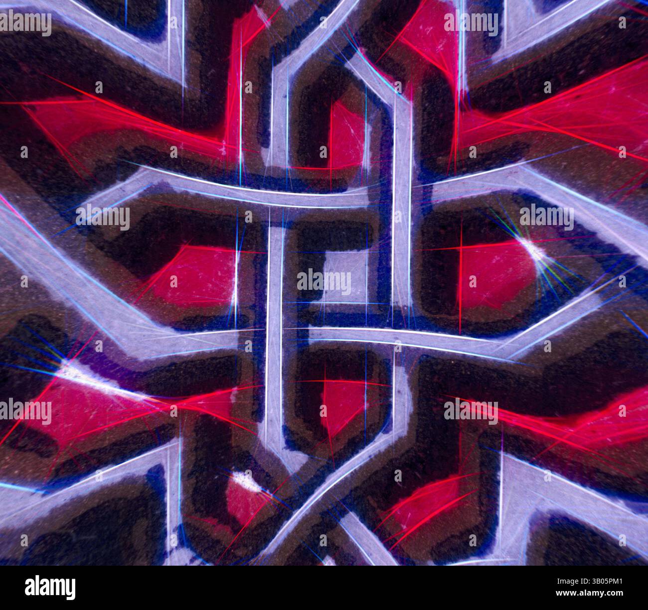 A vibrant, abstract composition featuring intricate intersecting lines and shapes in shades of ...