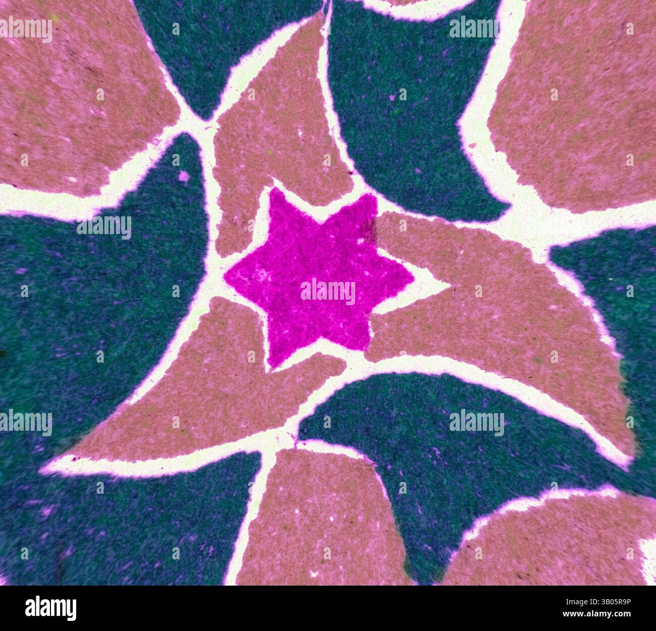 A vibrant pattern featuring intertwining leaves and a bold pink star at ...