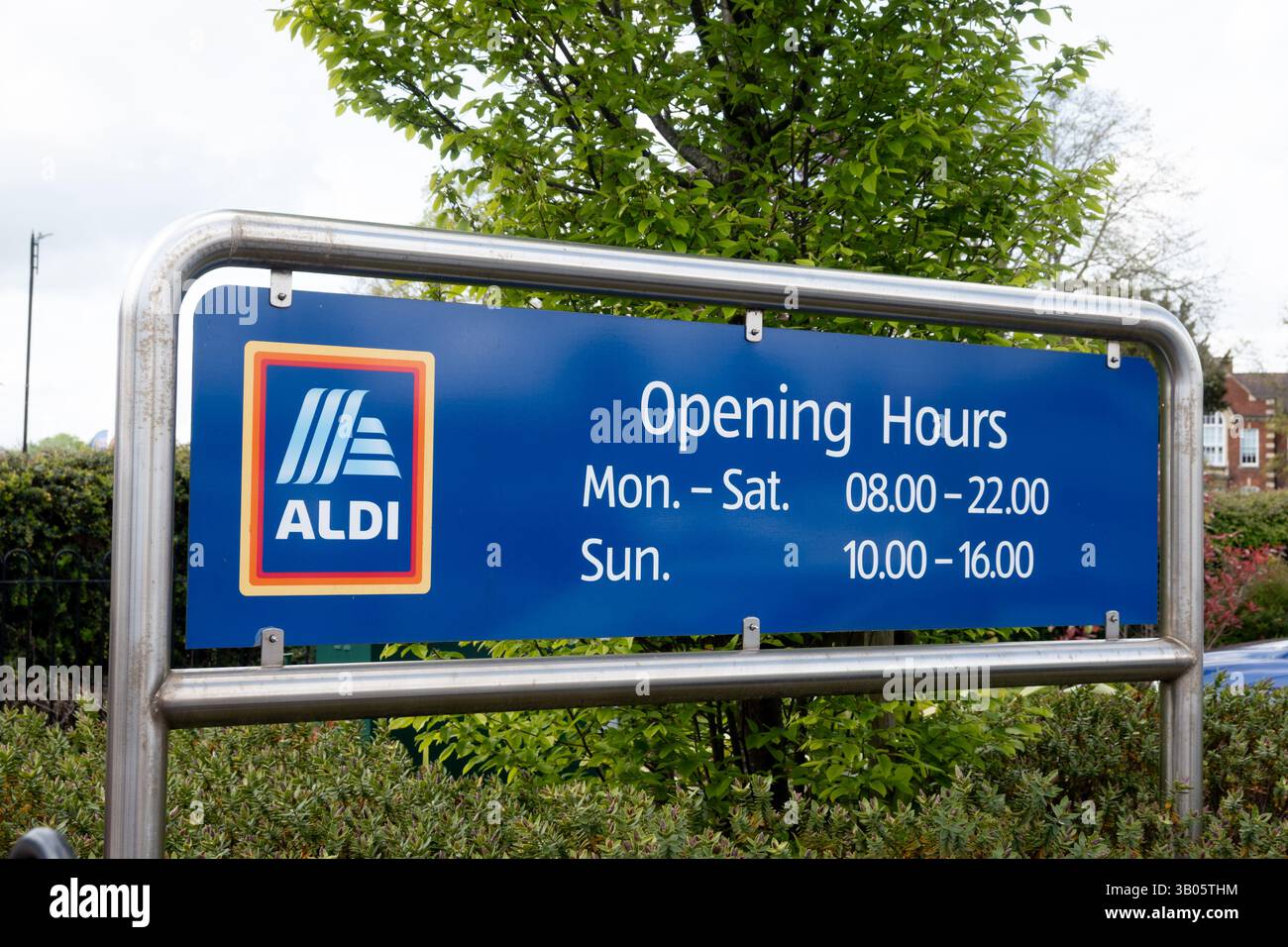 Aldi store opening hours sign, Bromsgrove, Worcestershire, England, UK ...
