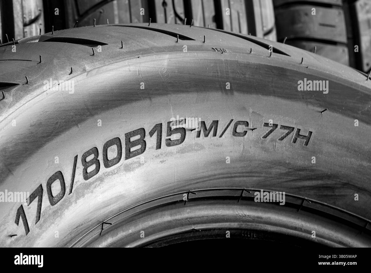 Road motorcycle rear tire size inscription on the sidewall of the tire ...