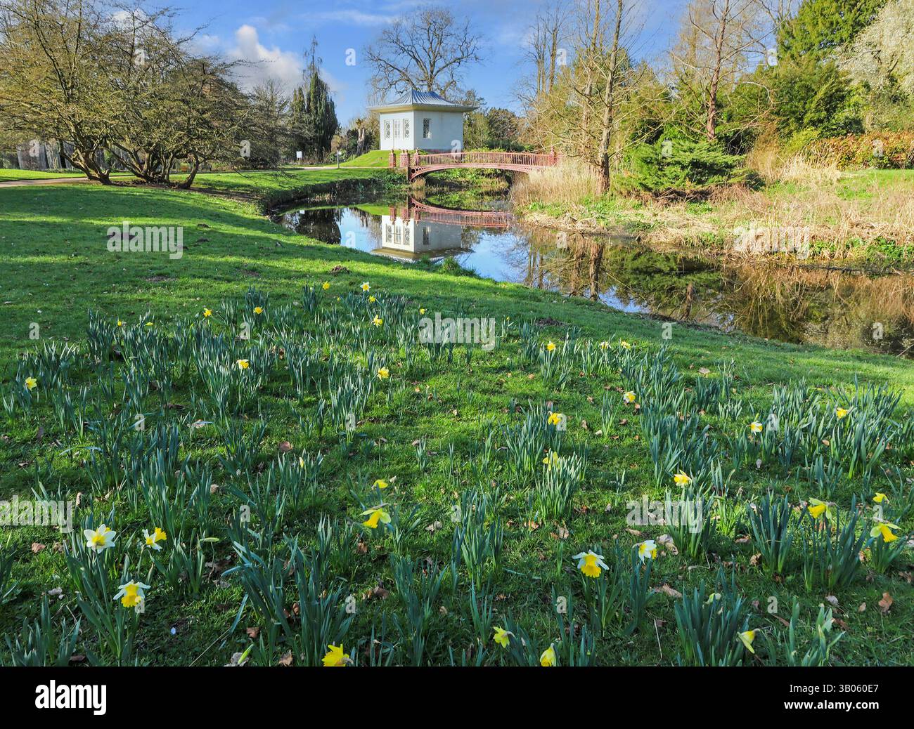The Chinese House and the red cast iron footbridge at Shugbrough Hall ...