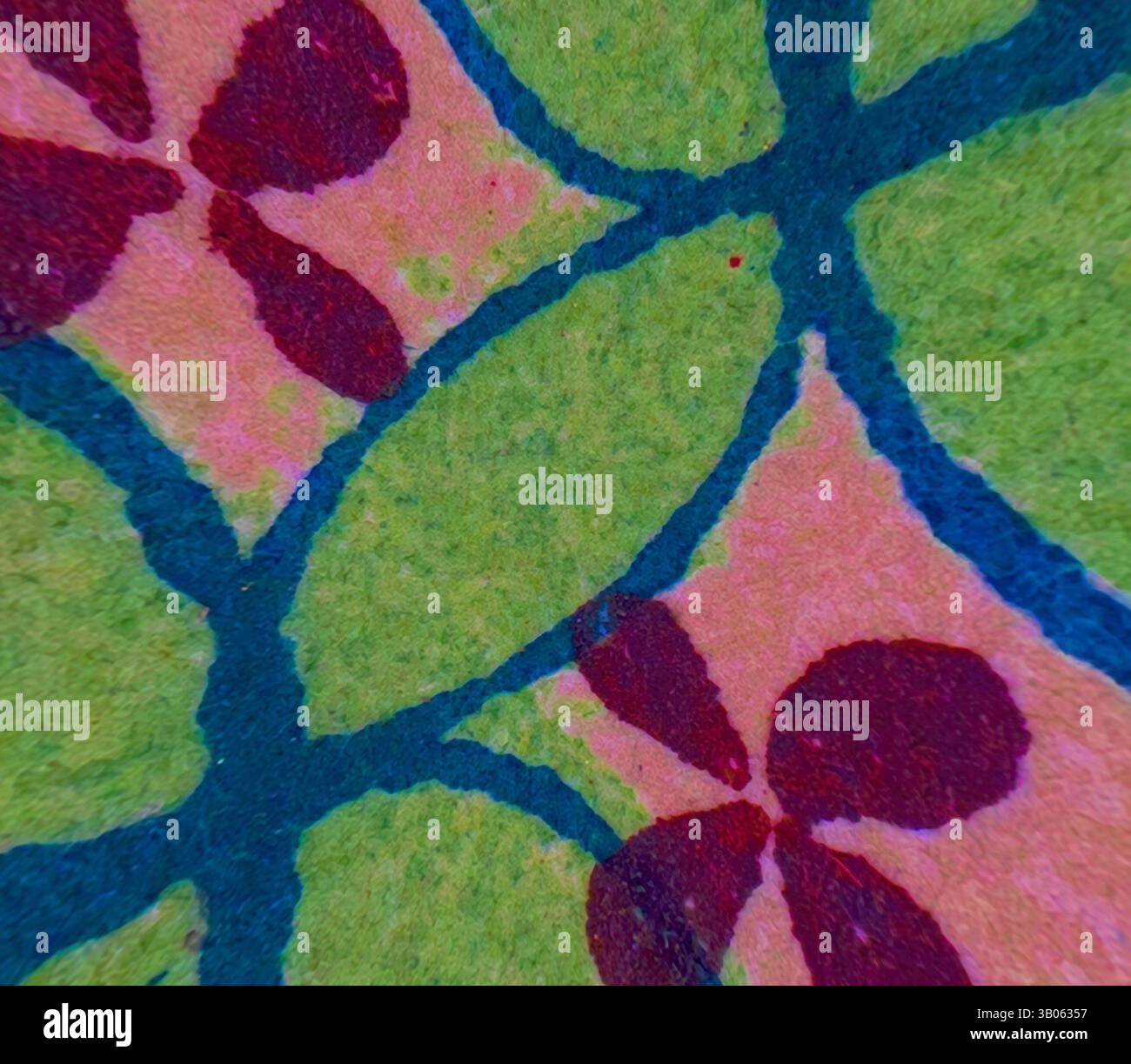 A vibrant pattern featuring bold flowers and leaves in bright colors ...