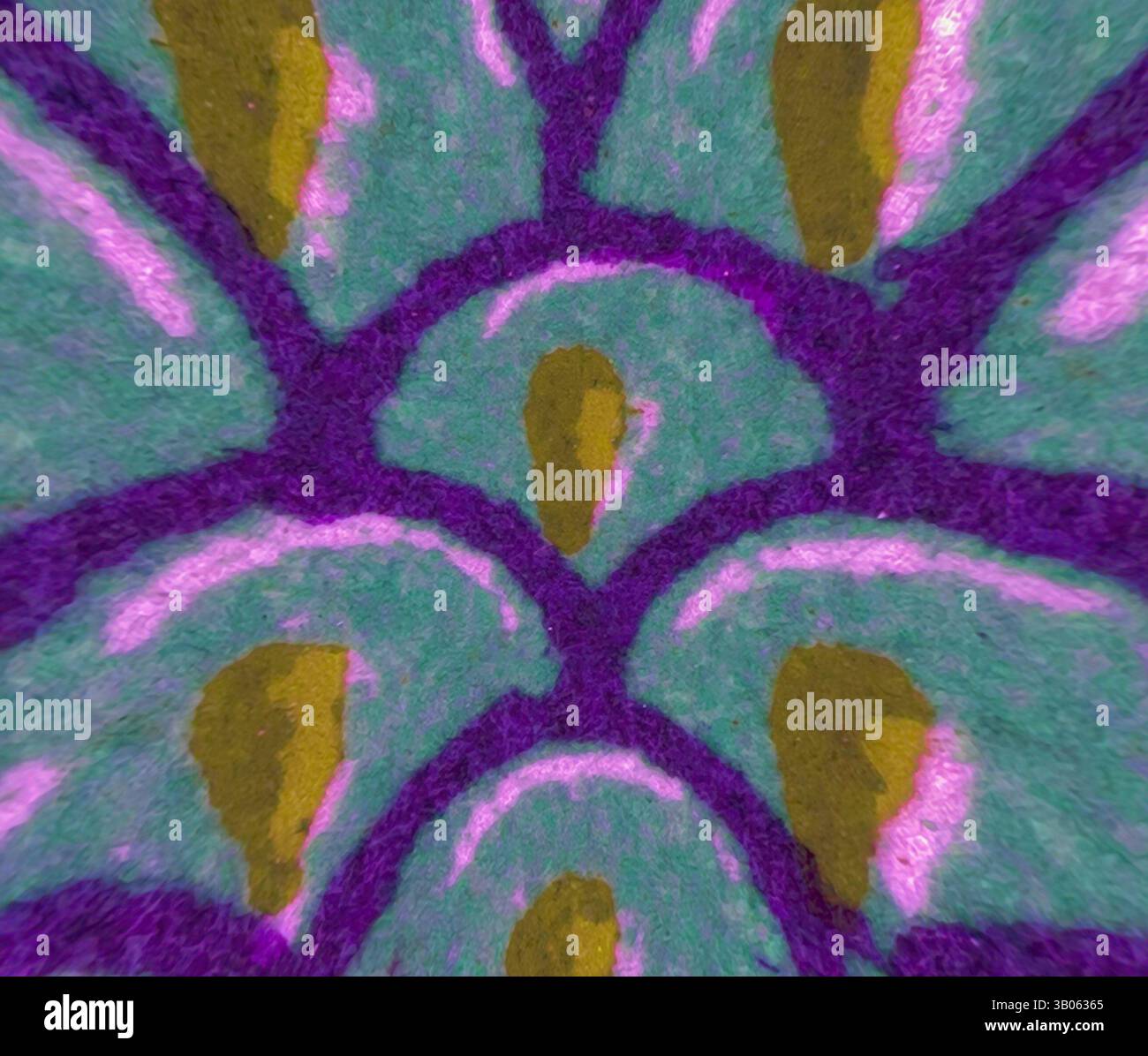 A vibrant pattern featuring stylized shapes in shades of teal, purple ...