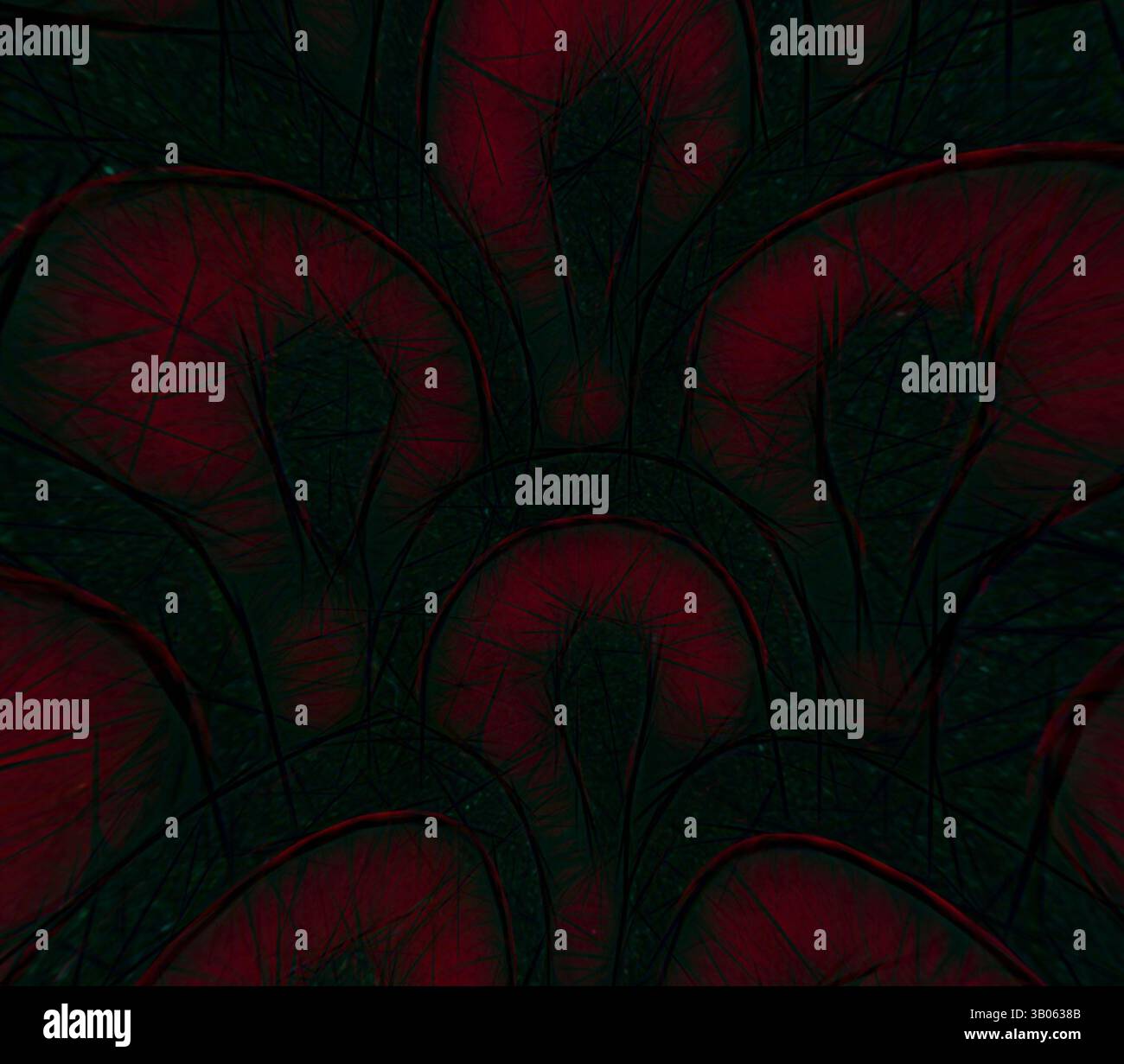 An intricate pattern of swirling shapes in deep red and dark textures ...