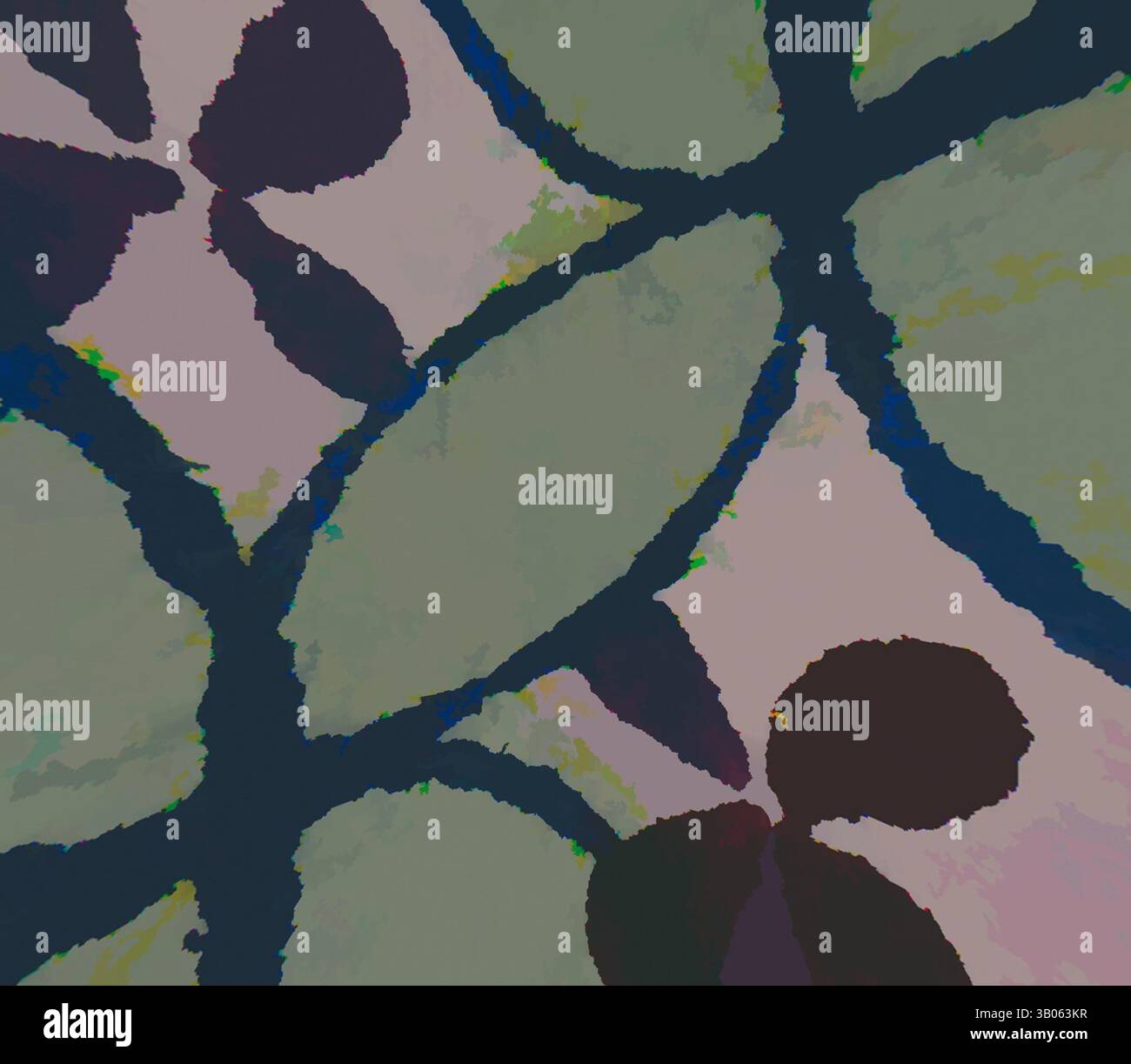 An abstract composition featuring overlapping leaf shapes in muted ...