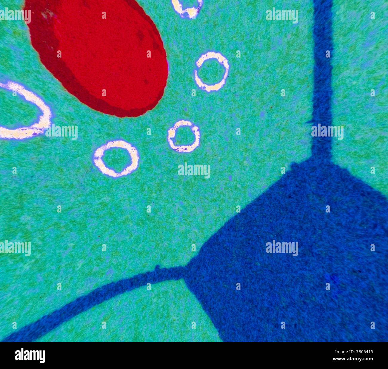 A vibrant abstract composition featuring bold shapes in red and blue ...