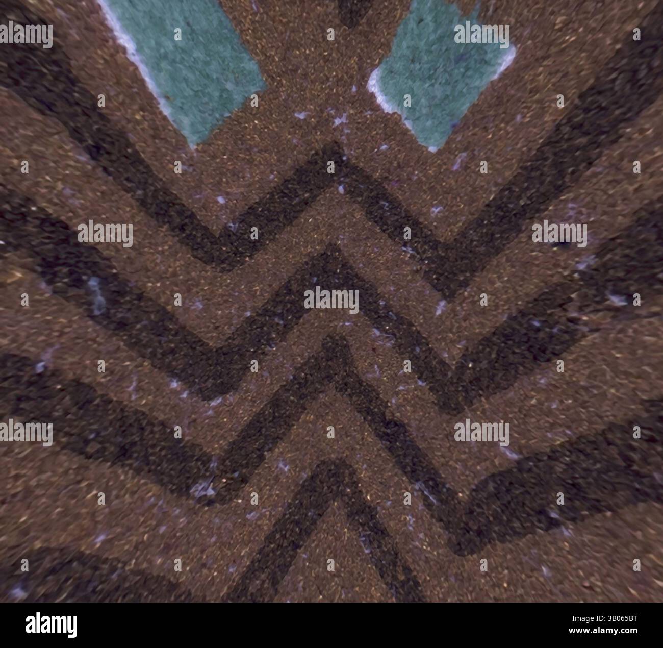 A close-up view reveals an intricate pattern made of earthy textures, featuring zigzag shapes ...