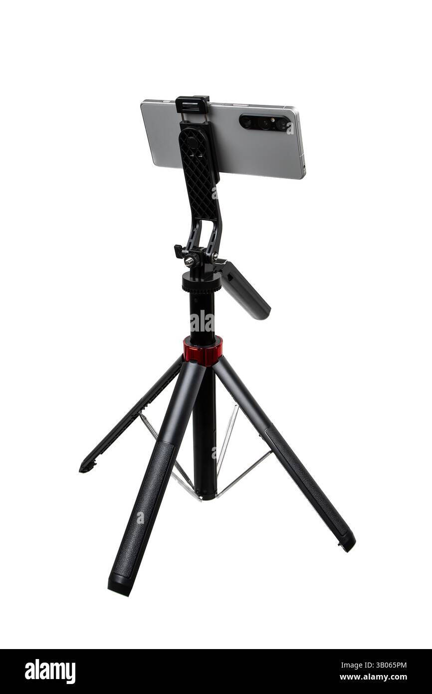 Tripod setup with smartphone mounted horizontally, includes adjustable ...