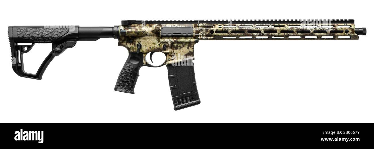 Modern AR-pattern rifle with a Kryptek camouflage finish, featuring a ...