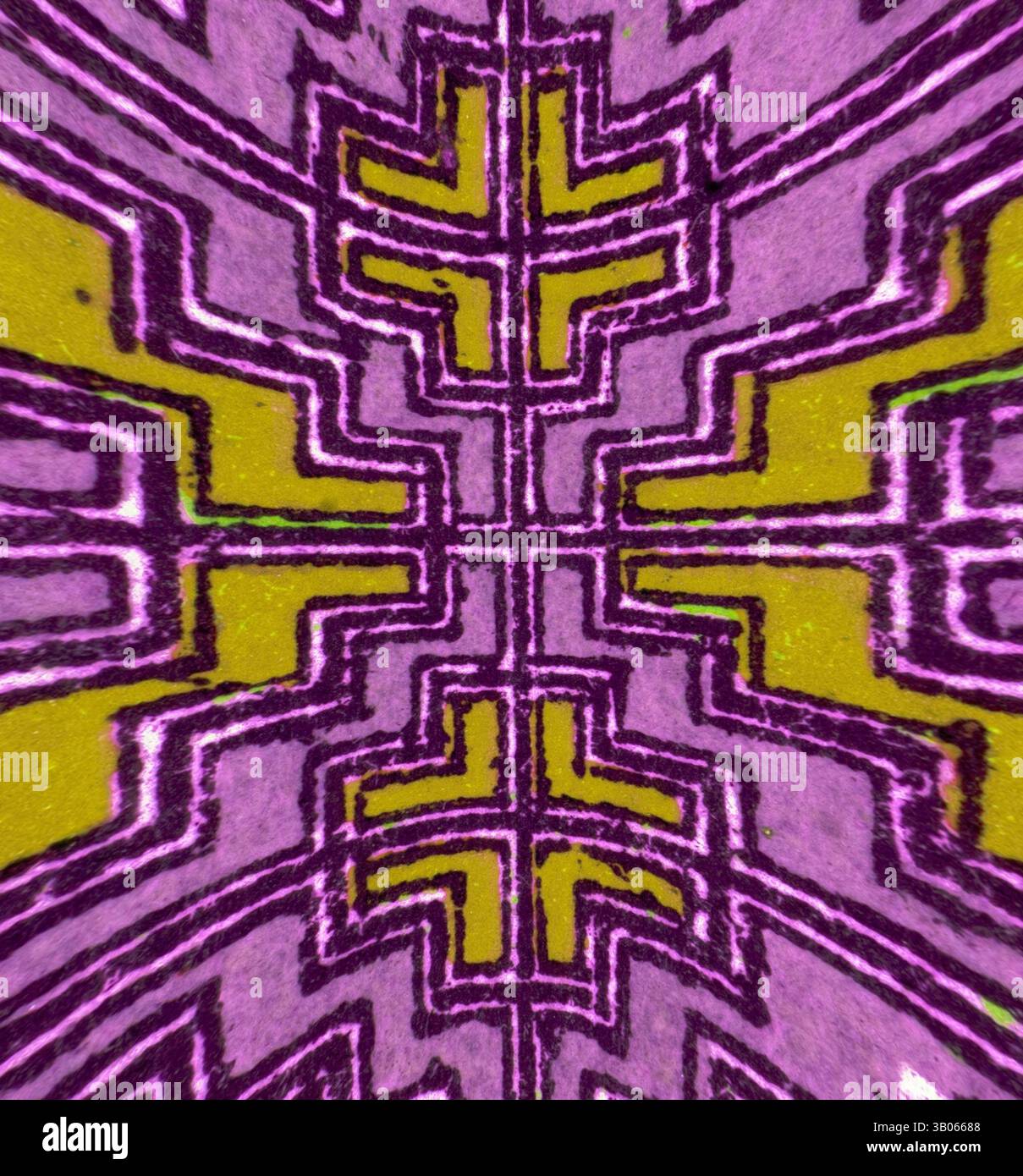 A vibrant pattern features intersecting lines and shapes in shades of purple and yellow ...