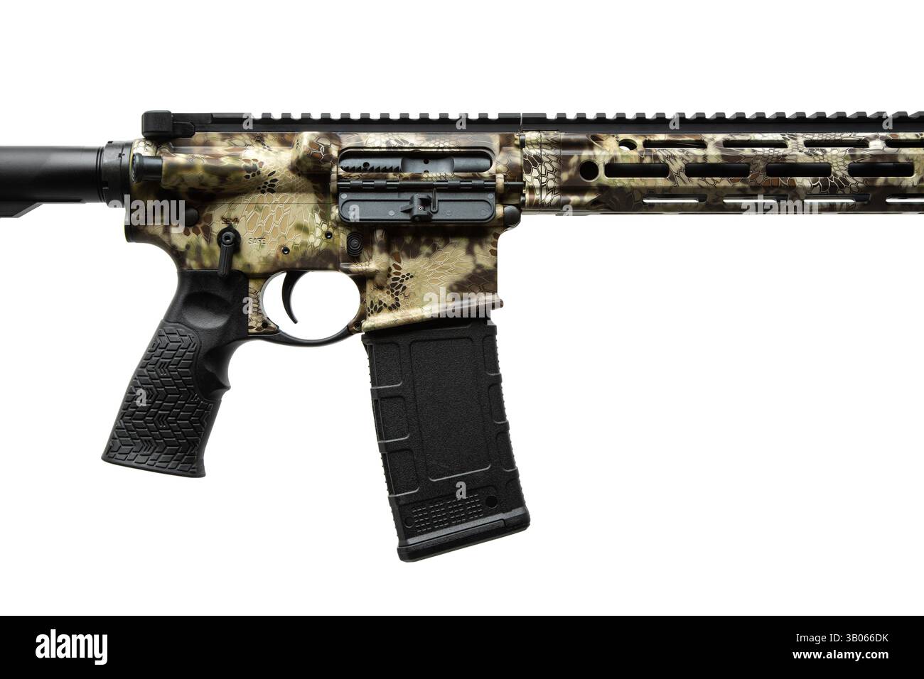 Side view of AR-15 rifle with Kryptek camo, closed ejection port ...