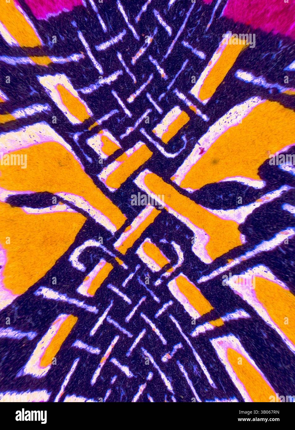 A vibrant pattern featuring interwoven shapes in bold colors, with ...