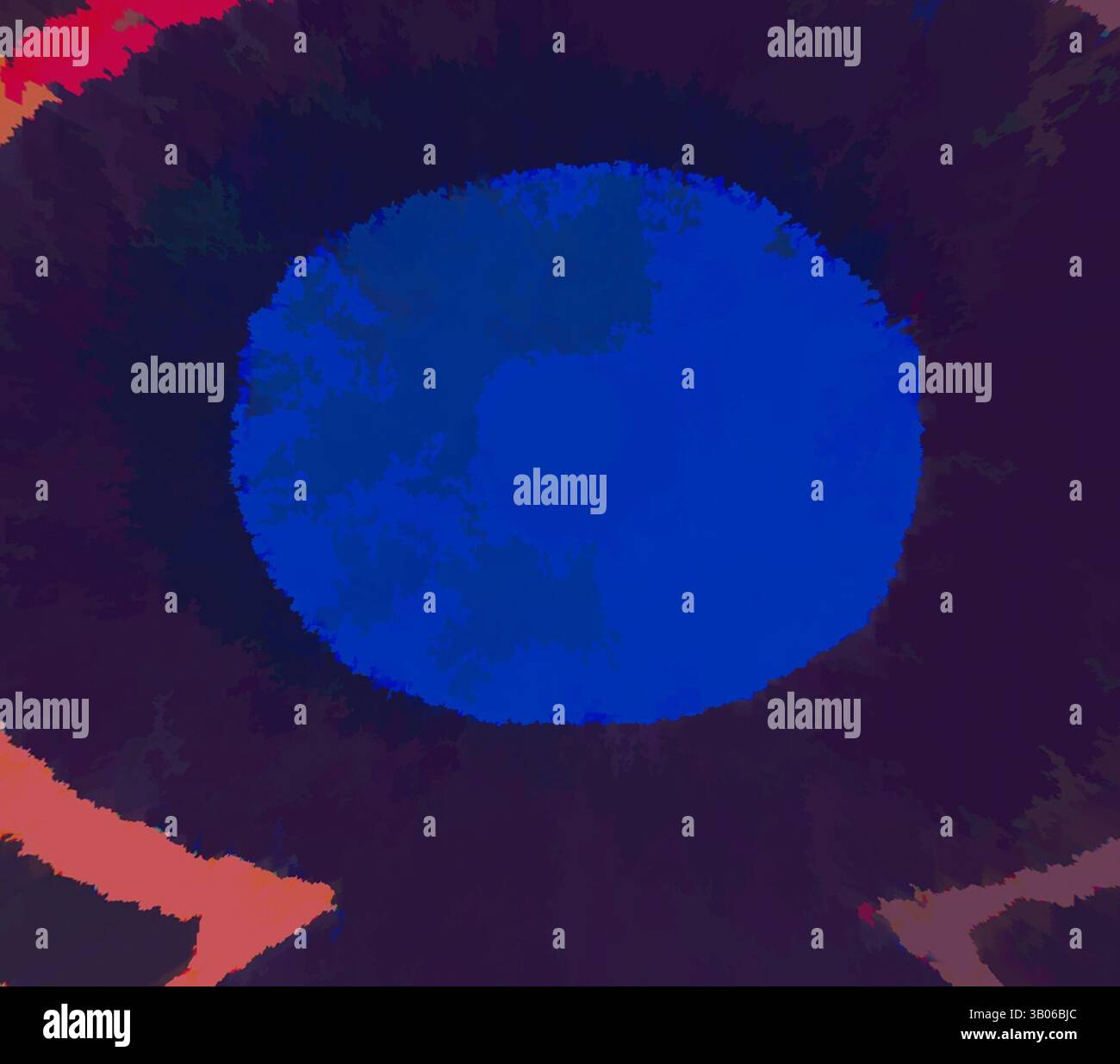 A vibrant circular composition featuring bold contrasts of blue and ...