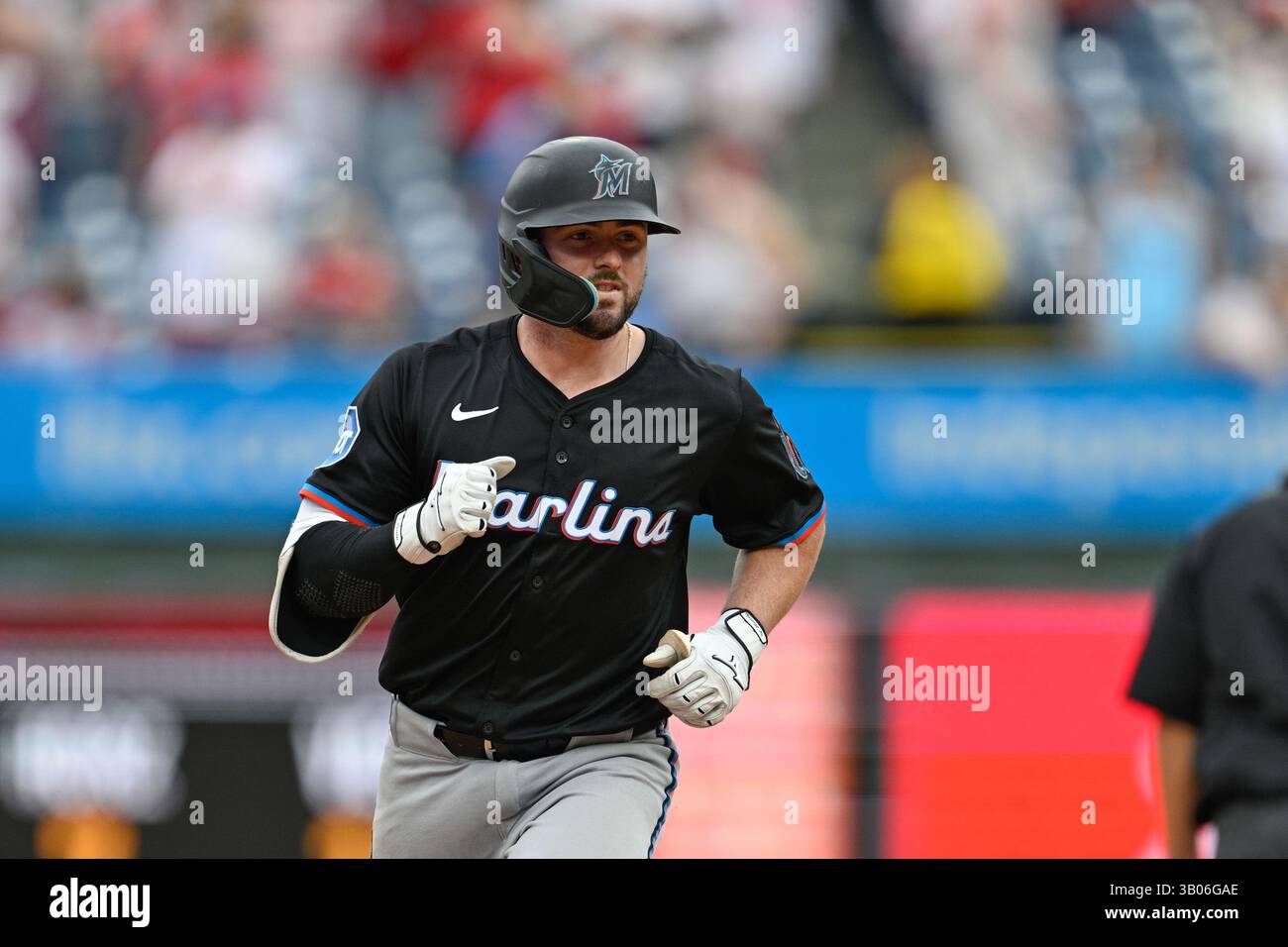 PHILADELPHIA, PA - APRIL 19: Miami Marlins catcher Liam Hicks (34) is ...