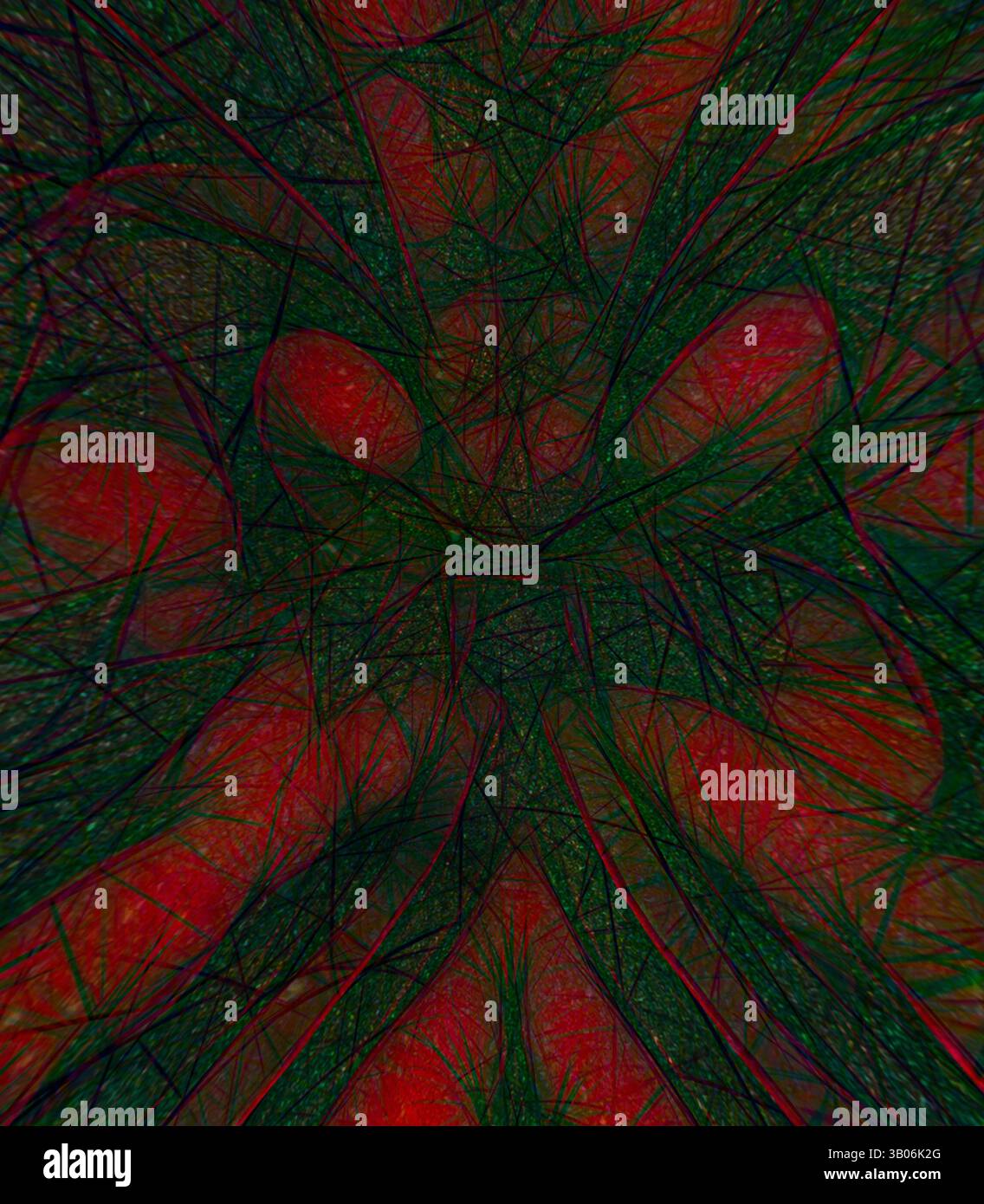 A vibrant, abstract composition featuring intertwining lines and shapes in shades of red and ...