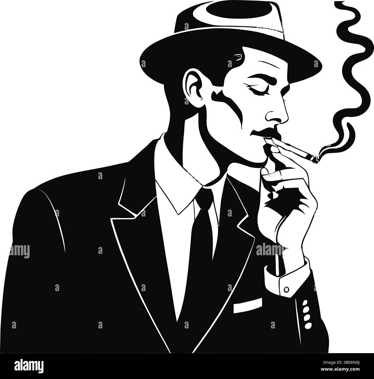 Silhouette of a vintage retro man in a hat smoking a cigarette. retro ...