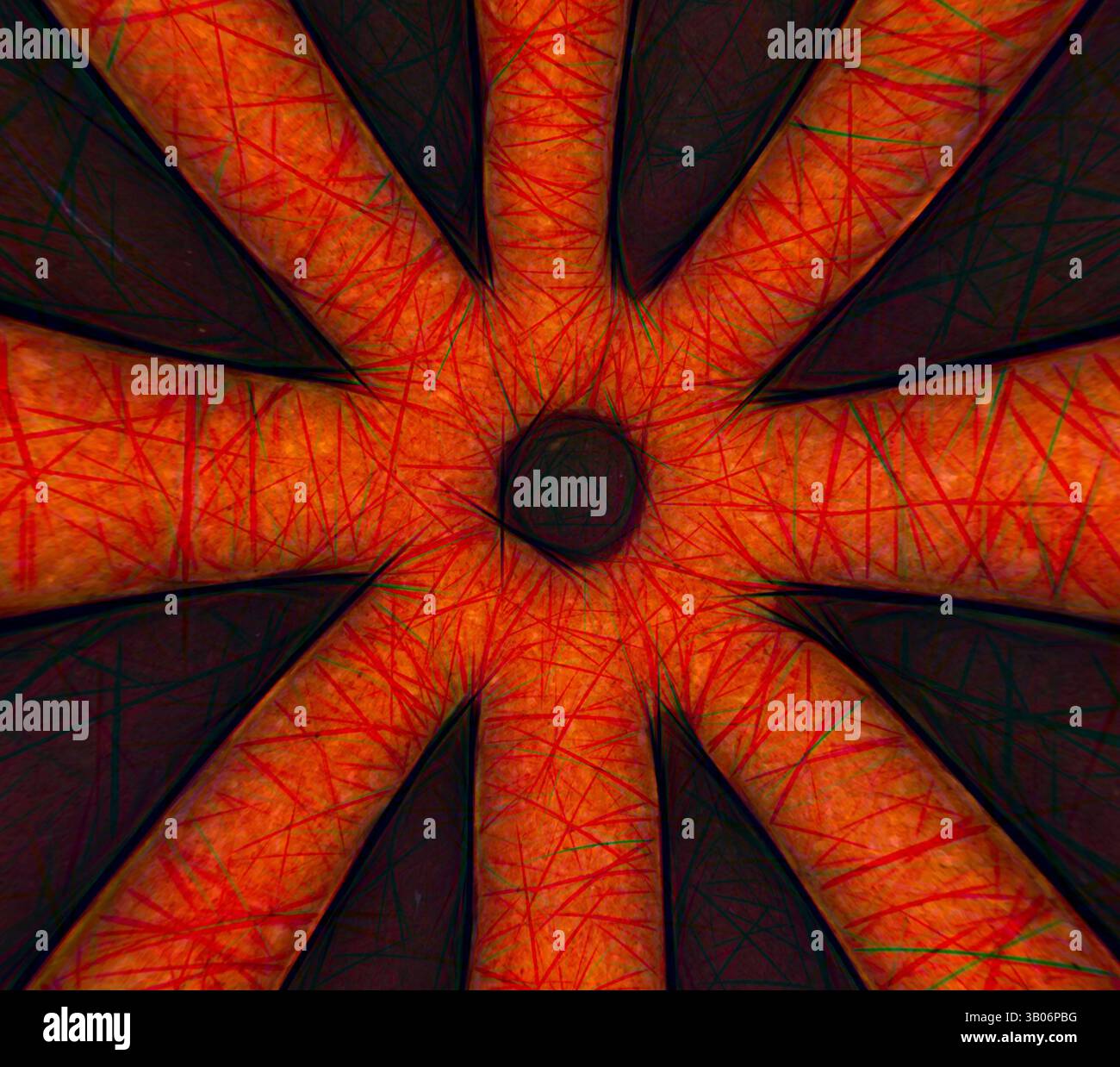 An intricate design features bold, radiating lines in hues of red and orange, converging towards ...