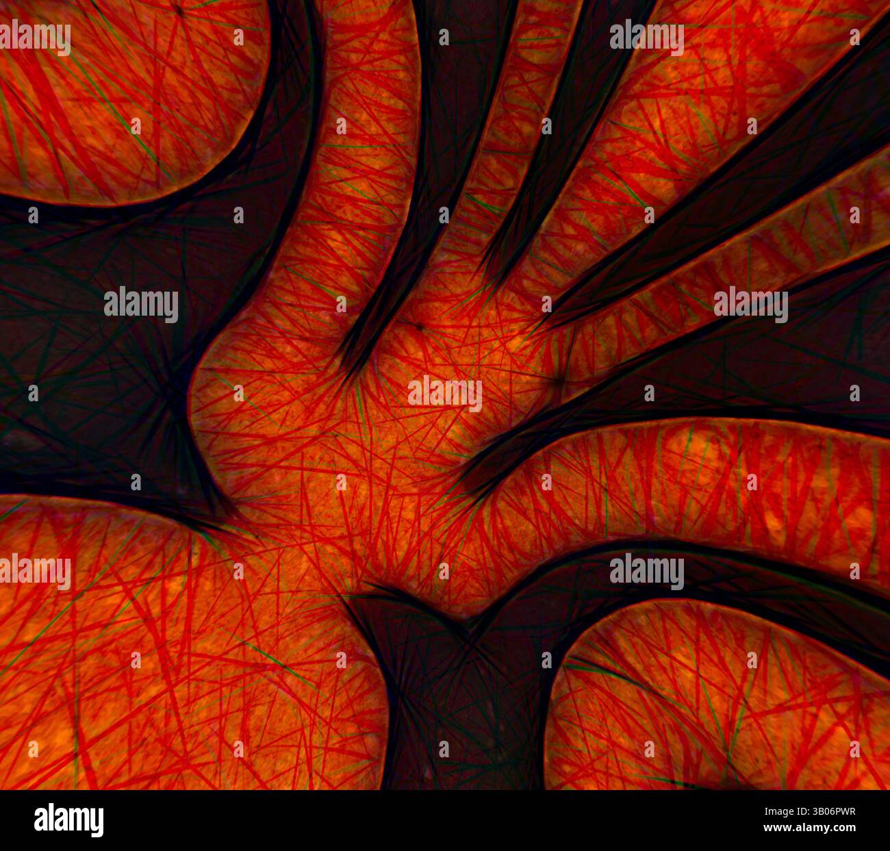 A close-up view of a hand in vibrant, tangled patterns, showcasing ...