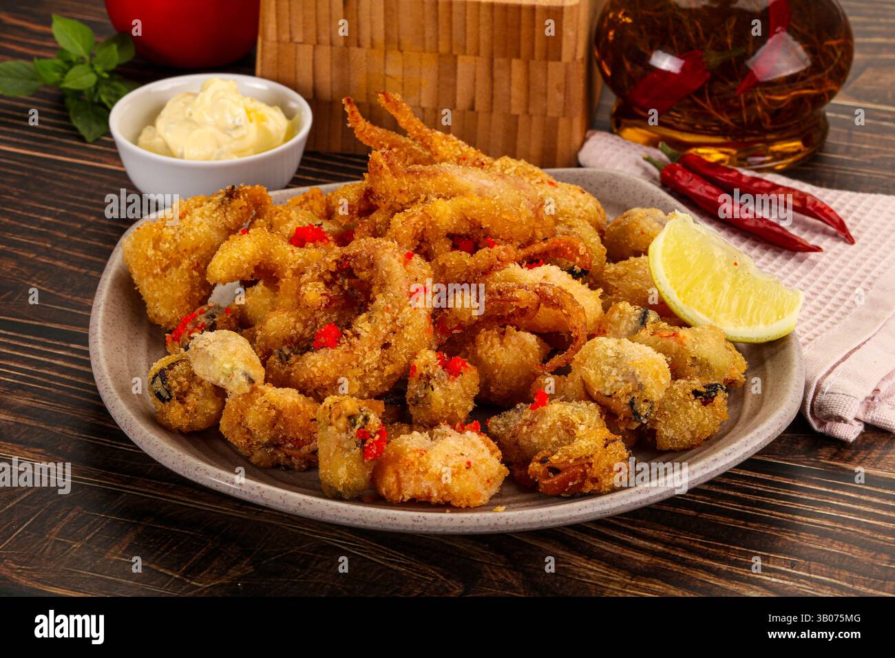 Fritto misto - deep fried seafood mix - calamari, prawn, fish, mussels ...