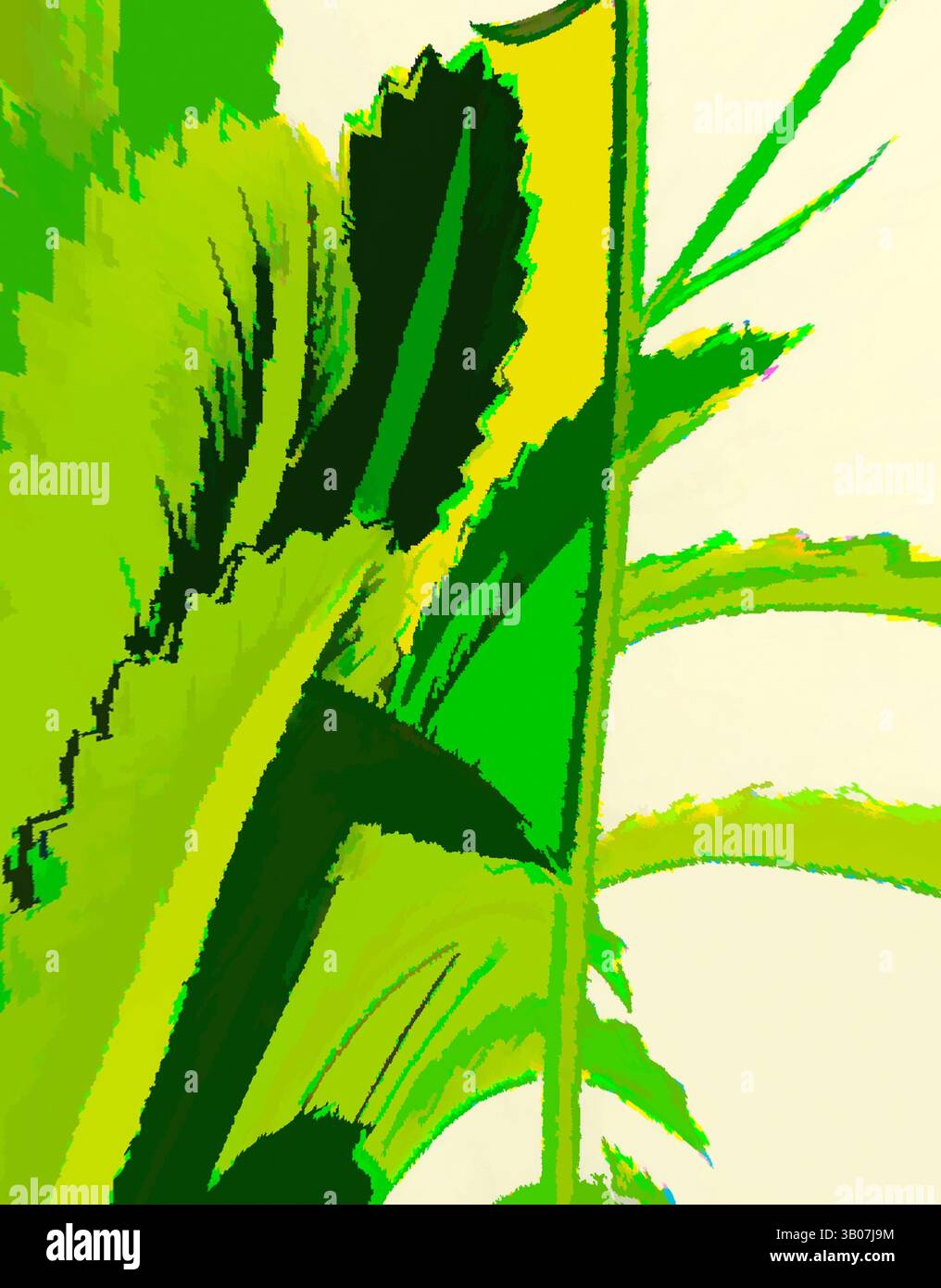 A vibrant fusion of greens showcases overlapping leaves and bold shapes ...