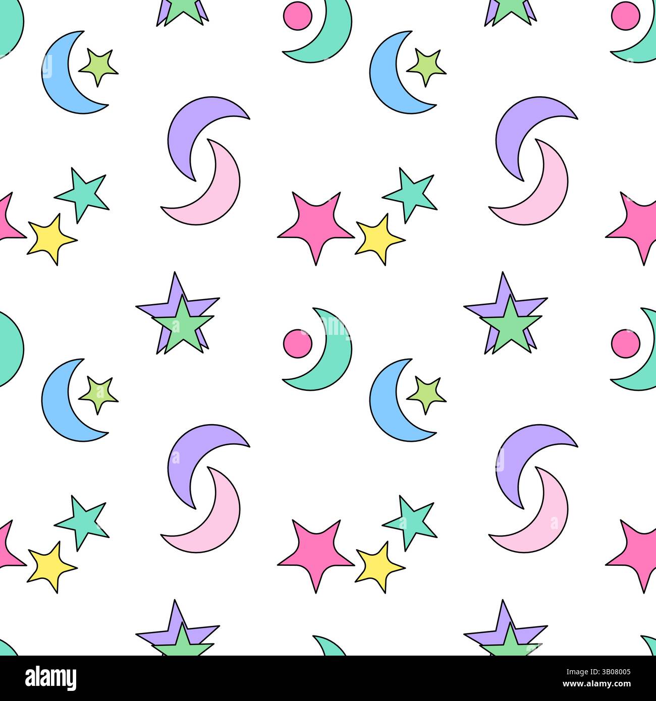 Playful seamless pattern with stars, crescent moons, and circles on a white background. Cartoon ...