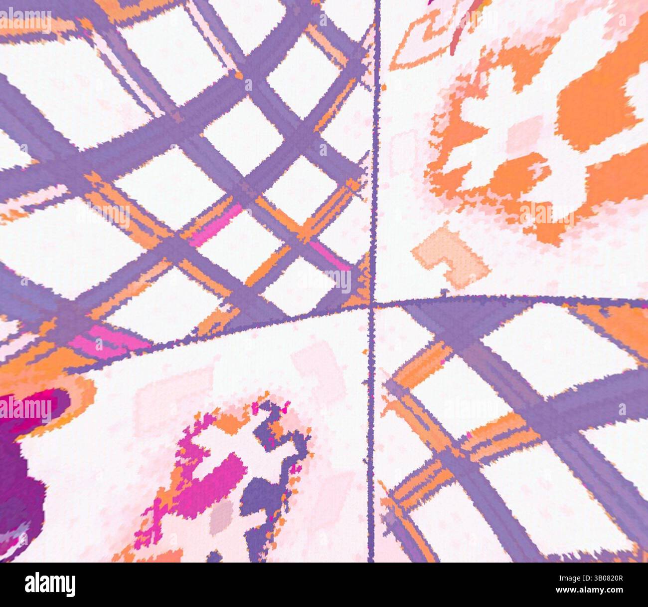A vibrant abstract design featuring intersecting curves and patterns in shades of purple, orange ...
