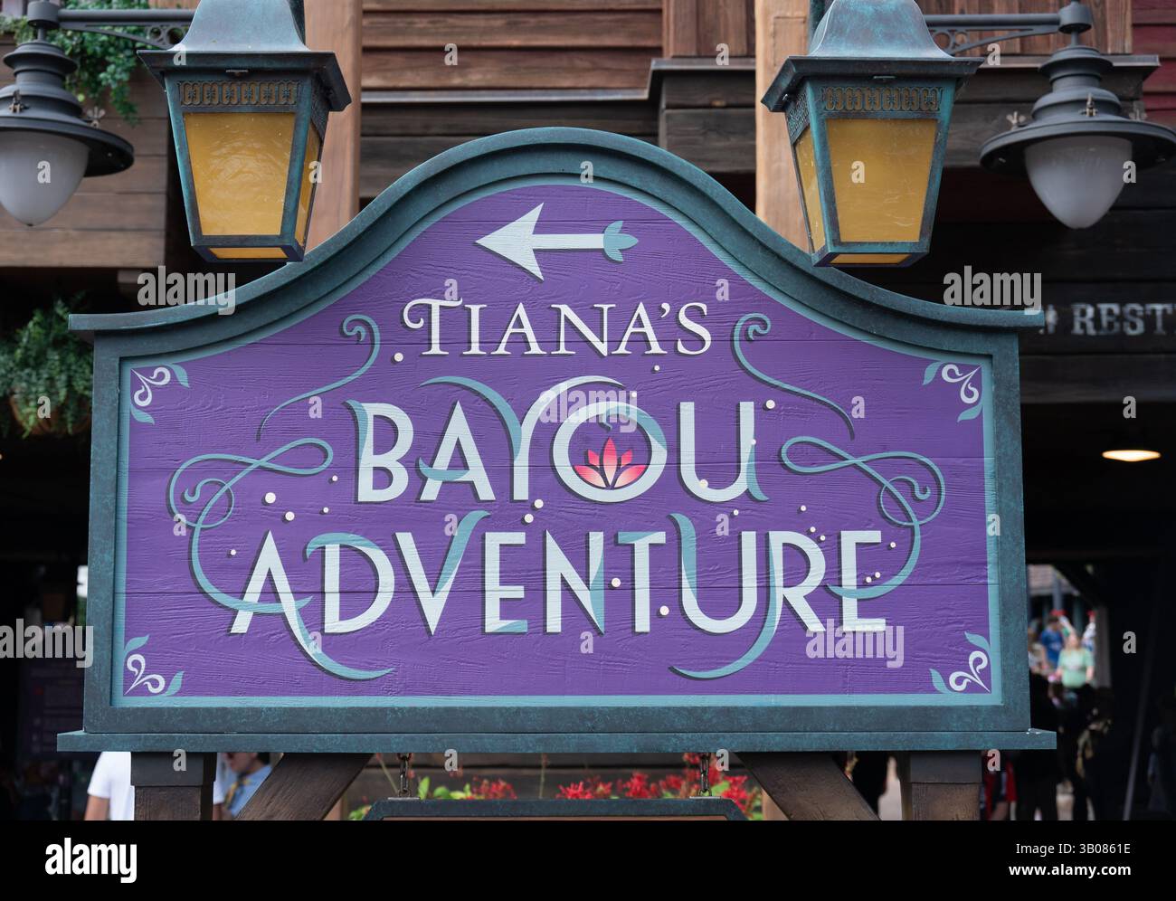 Sign for the Tiana's Bayou Adventure ride Stock Photo - Alamy