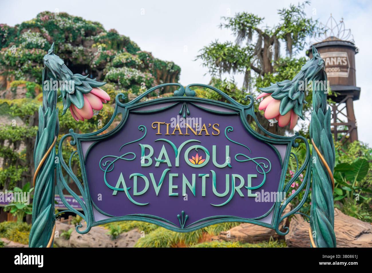Sign for the Tiana's Bayou Adventure ride Stock Photo - Alamy