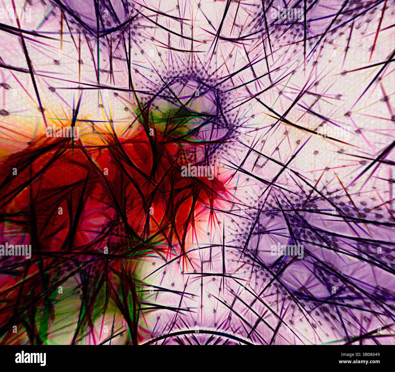 A dynamic composition featuring intertwining lines and vibrant splashes ...