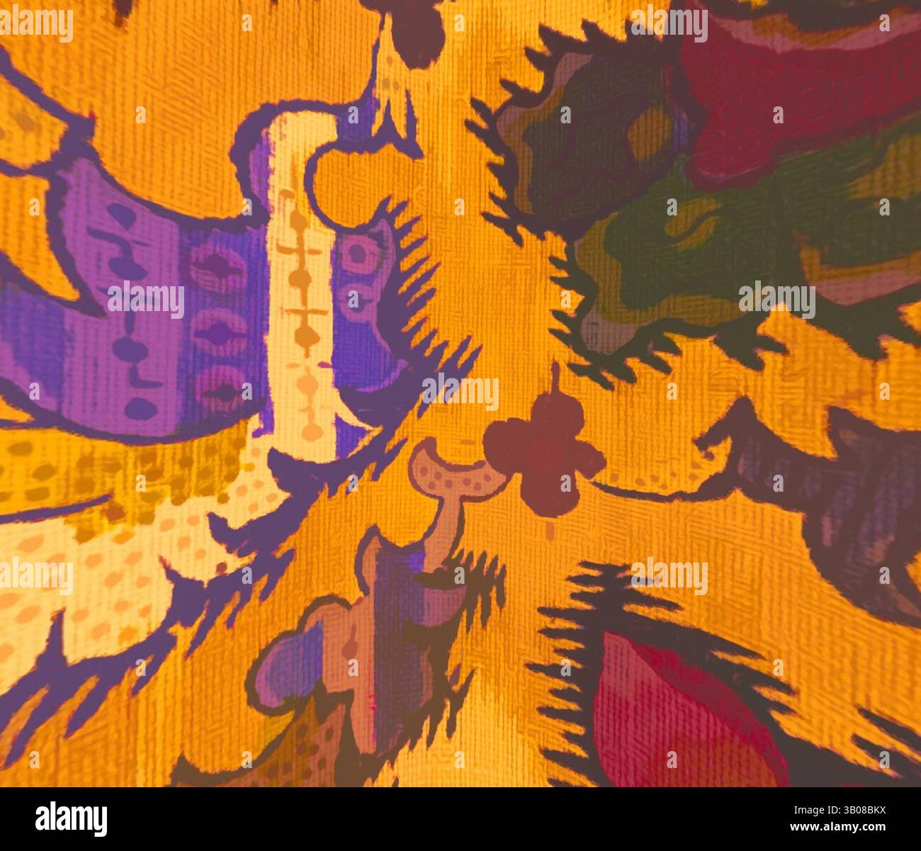 A vibrant tapestry of swirling patterns and shapes features bold hues ...