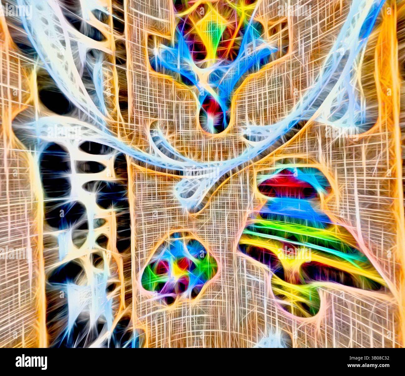 A vibrant abstract composition featuring intricate patterns and shapes ...