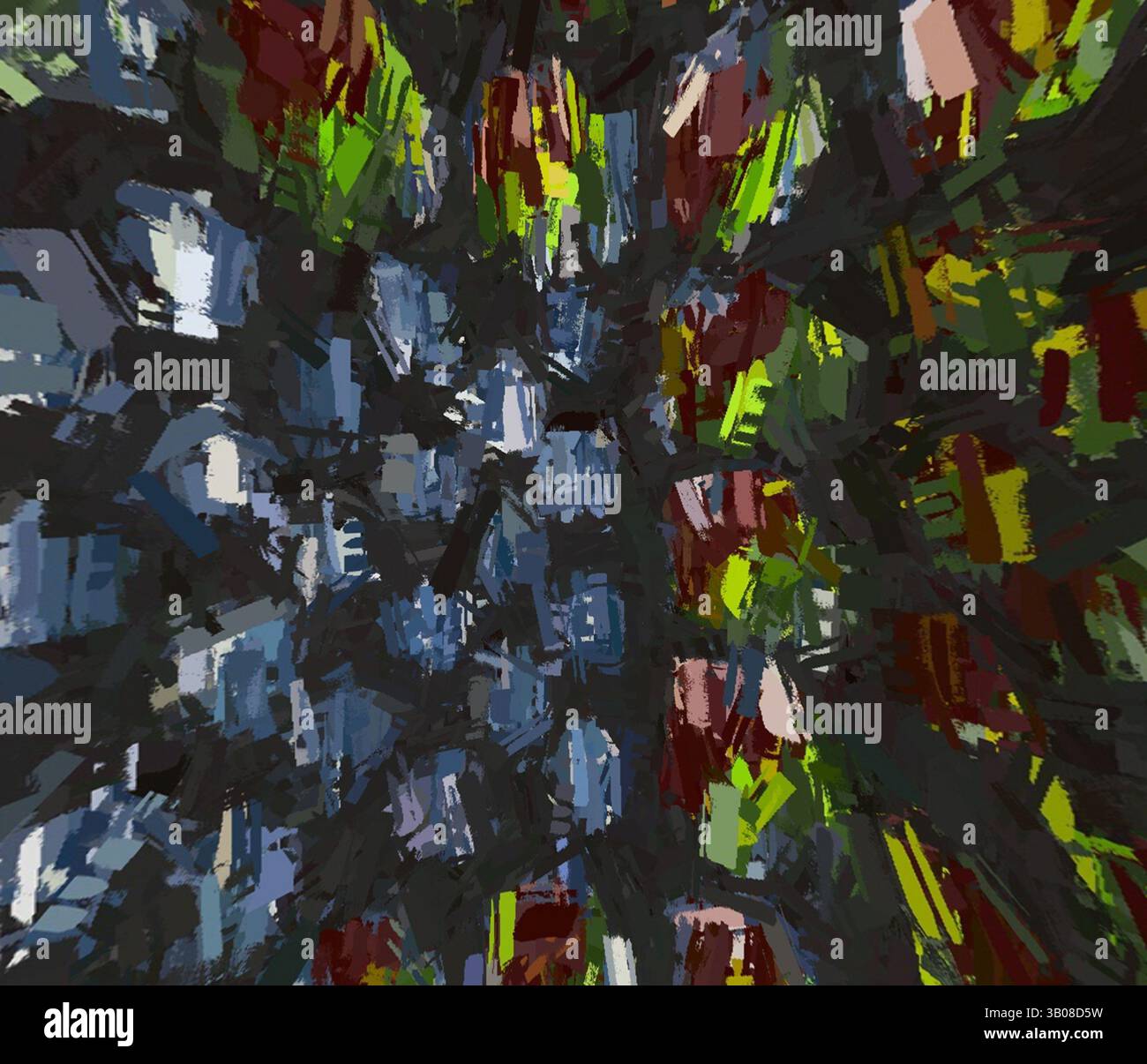 An abstract composition featuring vibrant, overlapping shapes and ...