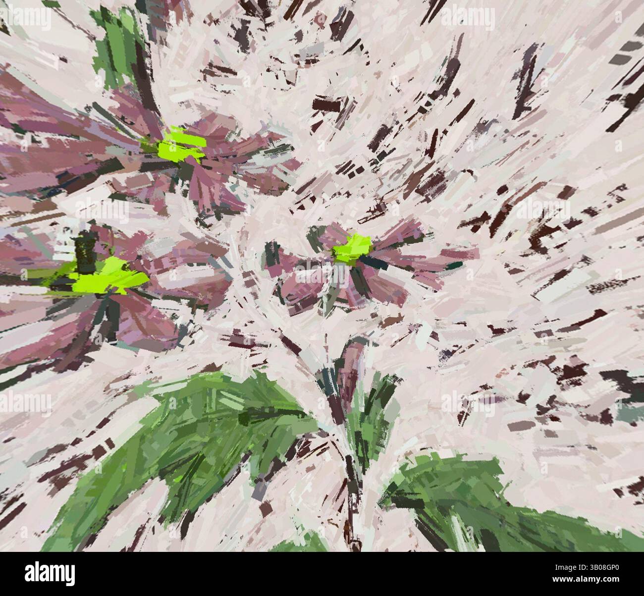 An abstract representation of flowers, featuring vibrant greens and ...