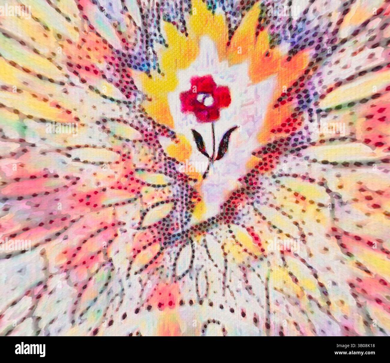 A vibrant burst of colors radiates outward from a central floral motif ...