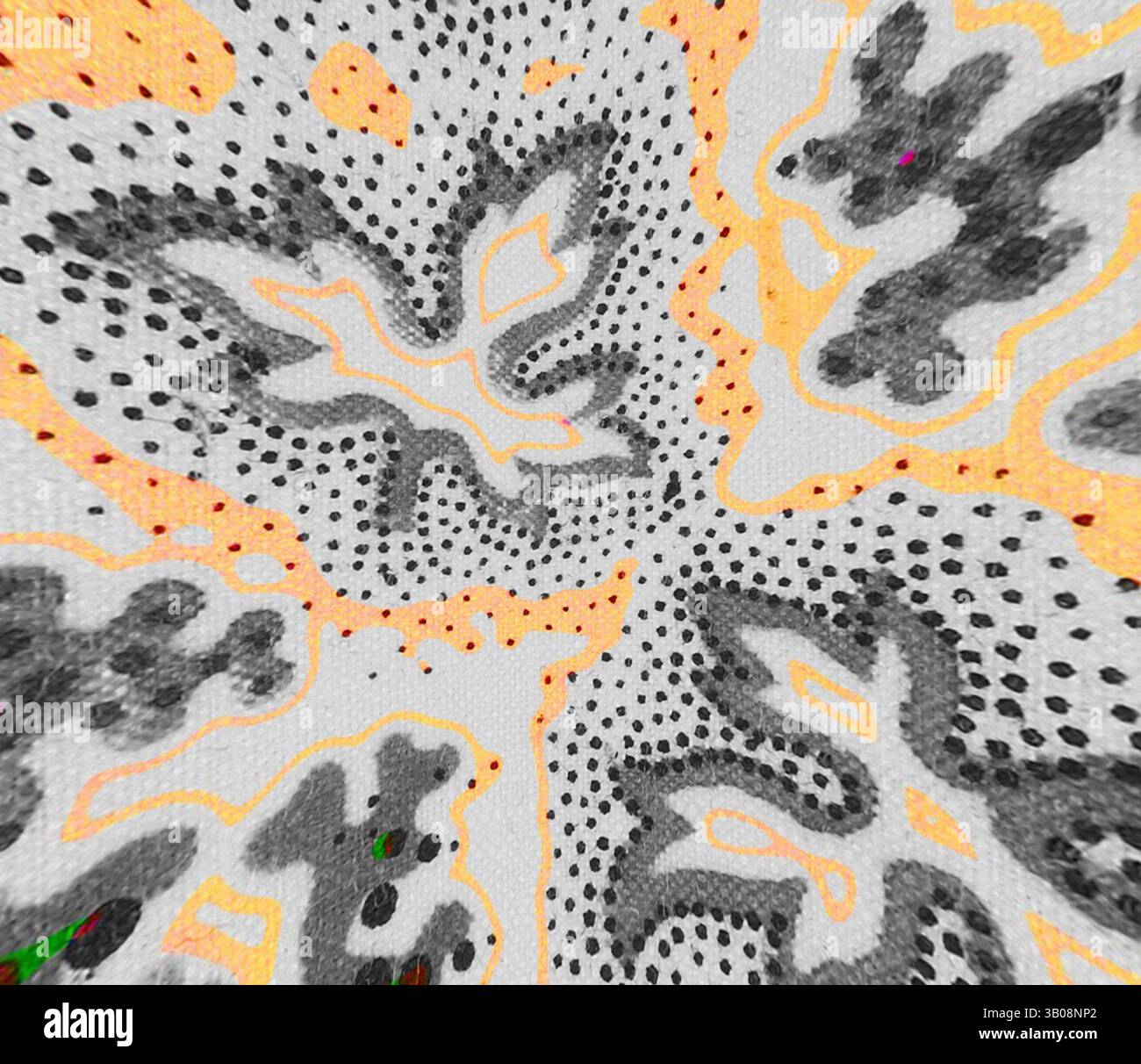 A swirling pattern of leaves and dots, intertwined in shades of grey ...