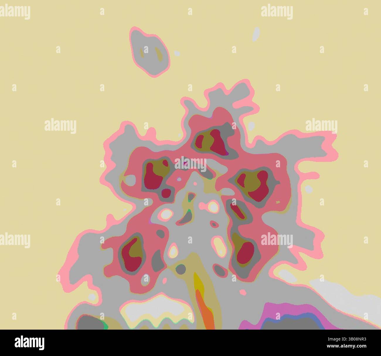 An abstract composition featuring vibrant swirls of pinks and yellows ...