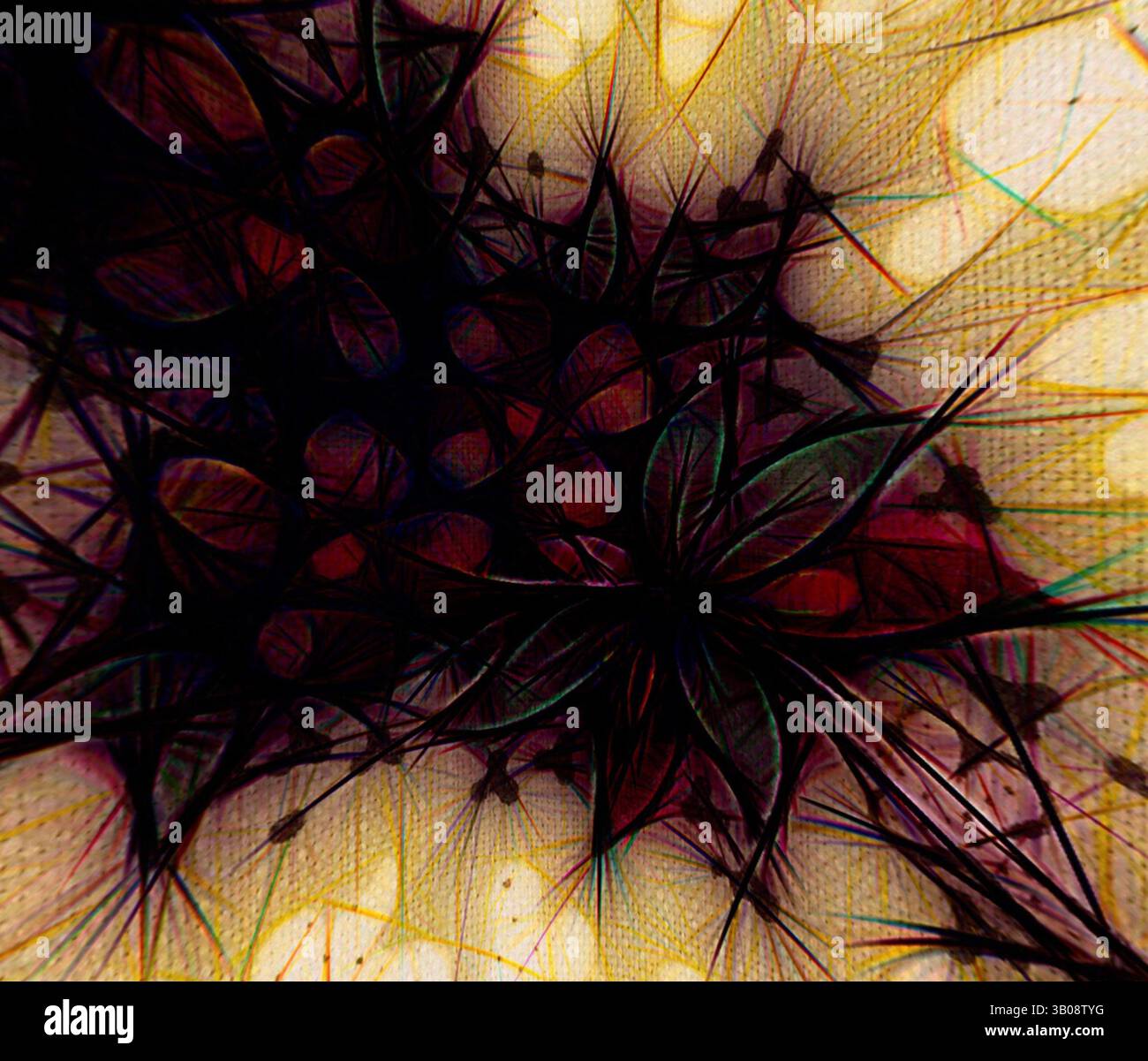 An intricate abstract composition featuring a blend of sharp, spiky ...