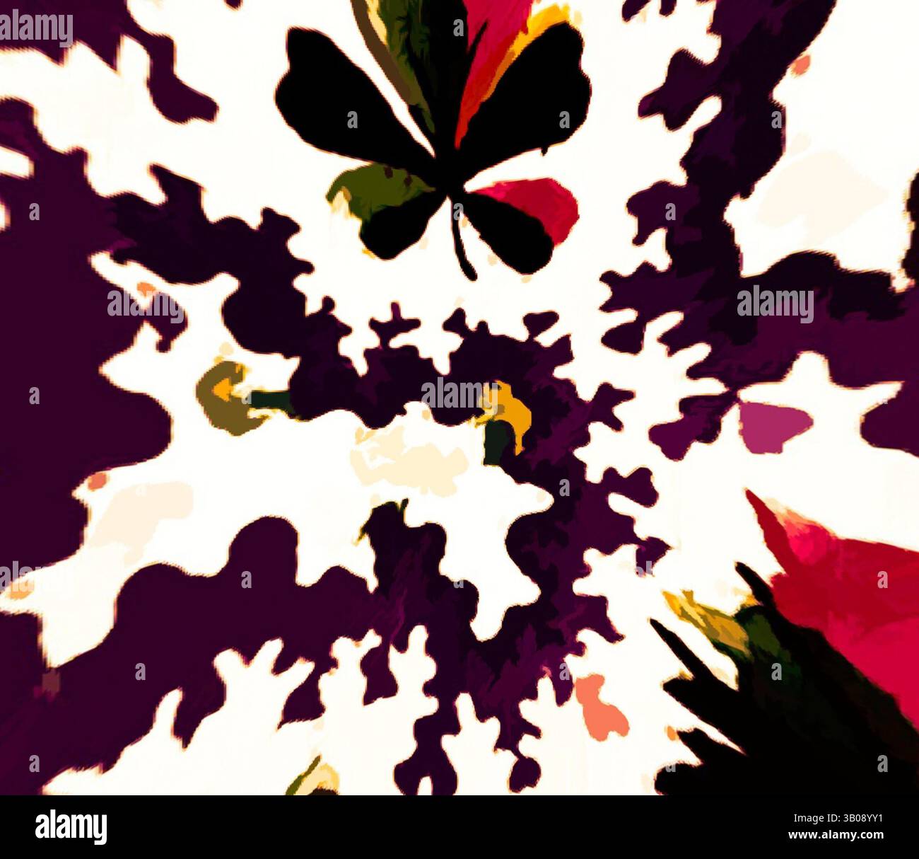 An abstract explosion of colors and shapes, featuring a prominent leaf ...